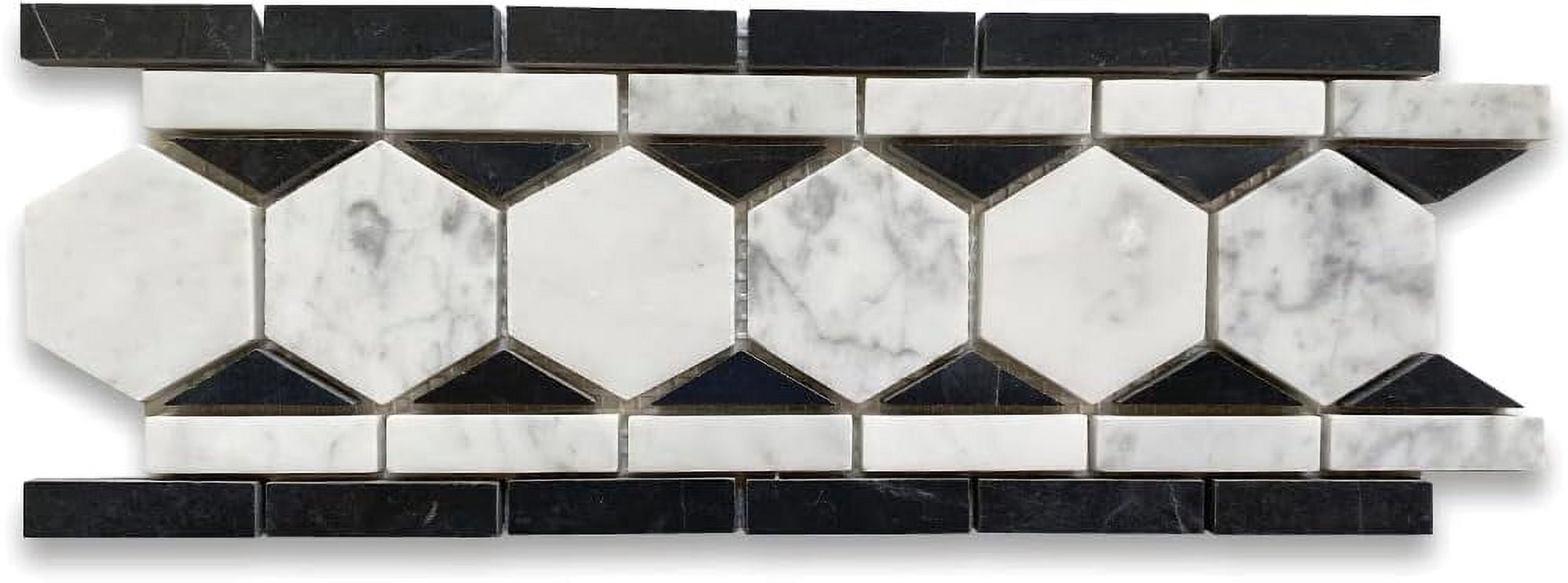Carrara White Marble 2 inch Hexagon Mosaic Border Listello Tile Black ...