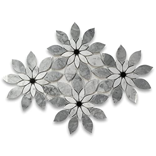 Carrara White Wildflower Rain Flower Waterjet Mosaic Tile w/Bardiglio ...