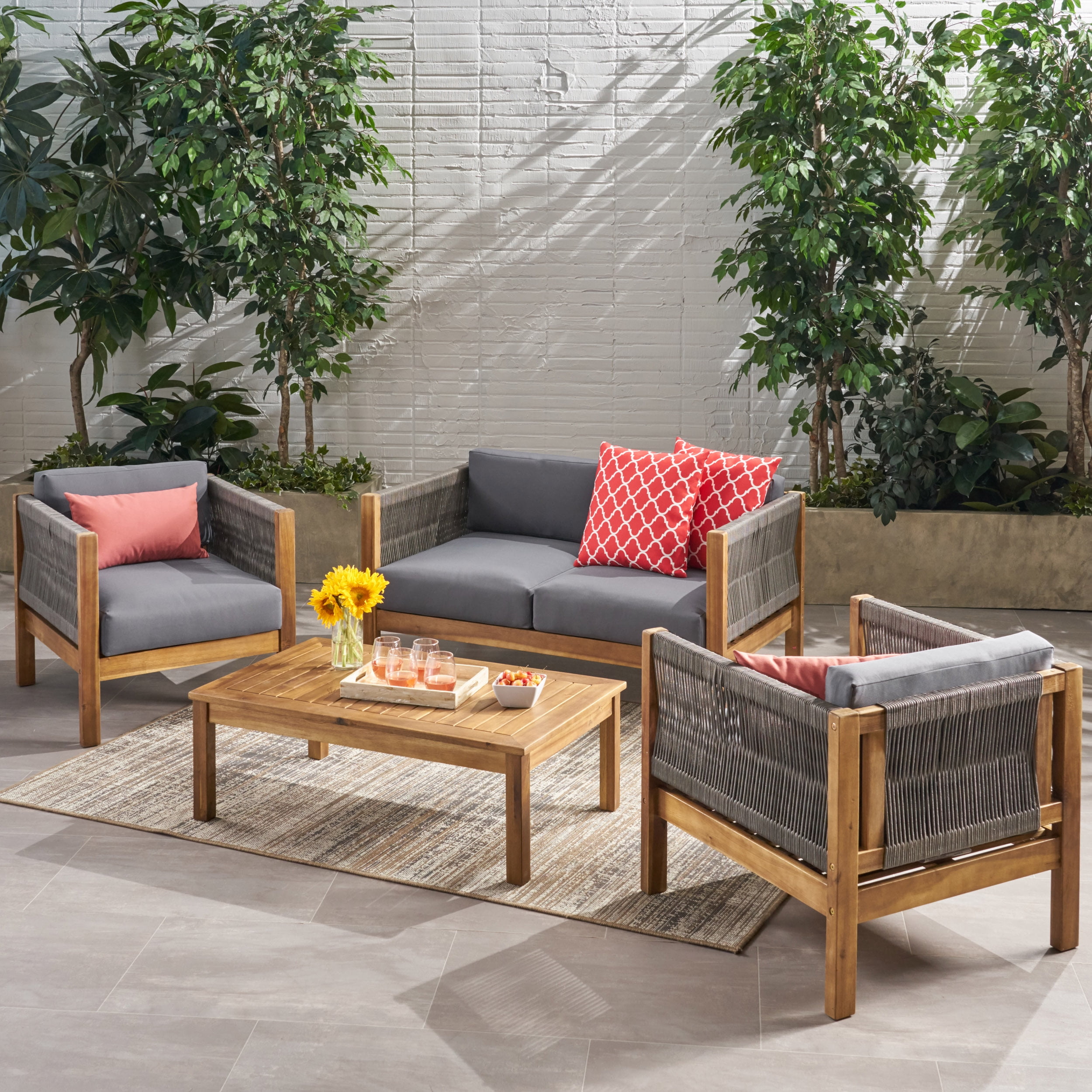 Carrie Outdoor Modern 4 Seater Acacia Wood Chat Set|Teak and Gray ...