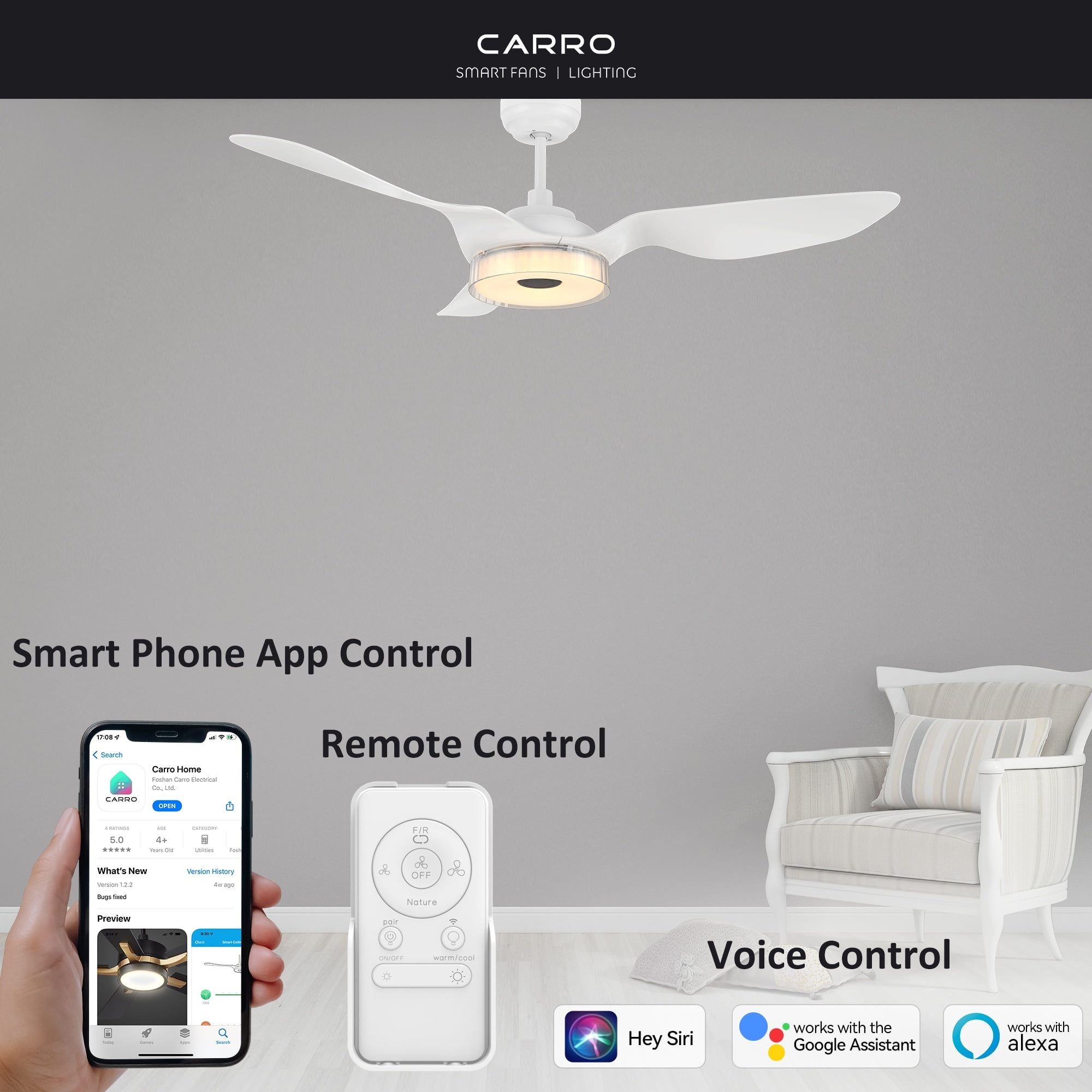 Carro Home Icebreaker 52" Modern Plastic Smart Ceiling Fan in White ...