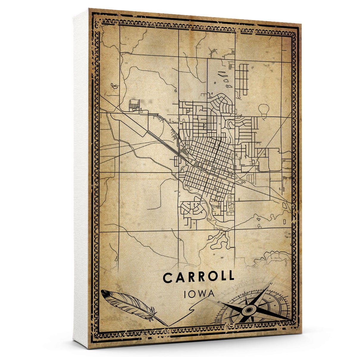 Carroll Vintage Map Prints Canvas, Iowa Map Art Canvas, Canvas, Carroll ...