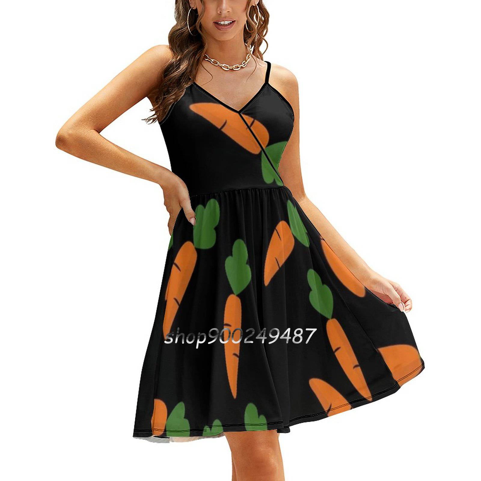 Carrot Pattern Square Neck Dress Cute Loose Print Dresses Elegant Beach ...