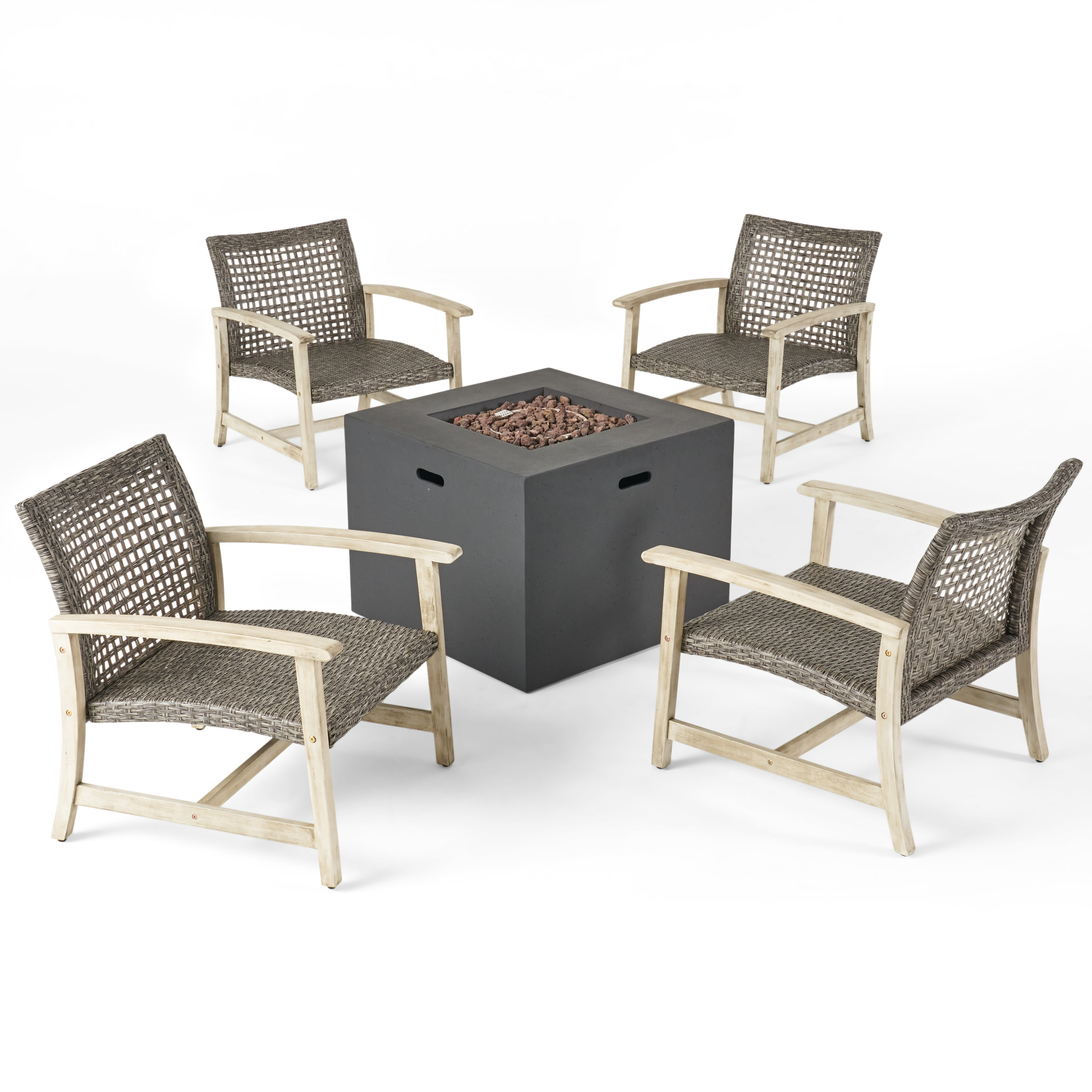 Carry Outdoor 5 Piece Wood And Wicker Club Chairs And Fire Pit Set