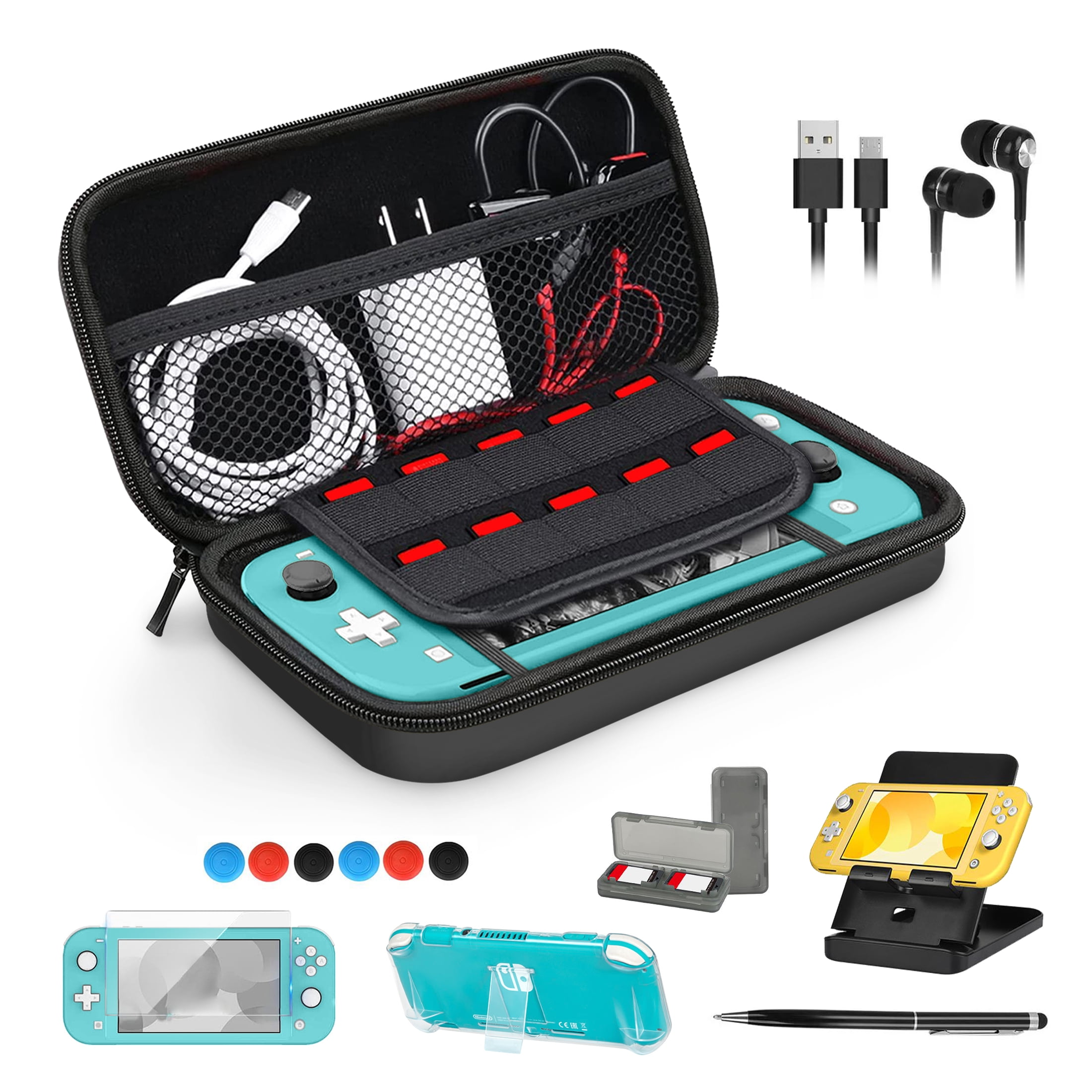 TSV 16 in 1 Carrying Case Accessories Bundle Kit Fit for Nintendo Switch Lite with Protective Case Screen Protector Stand Stylus Earphone Game