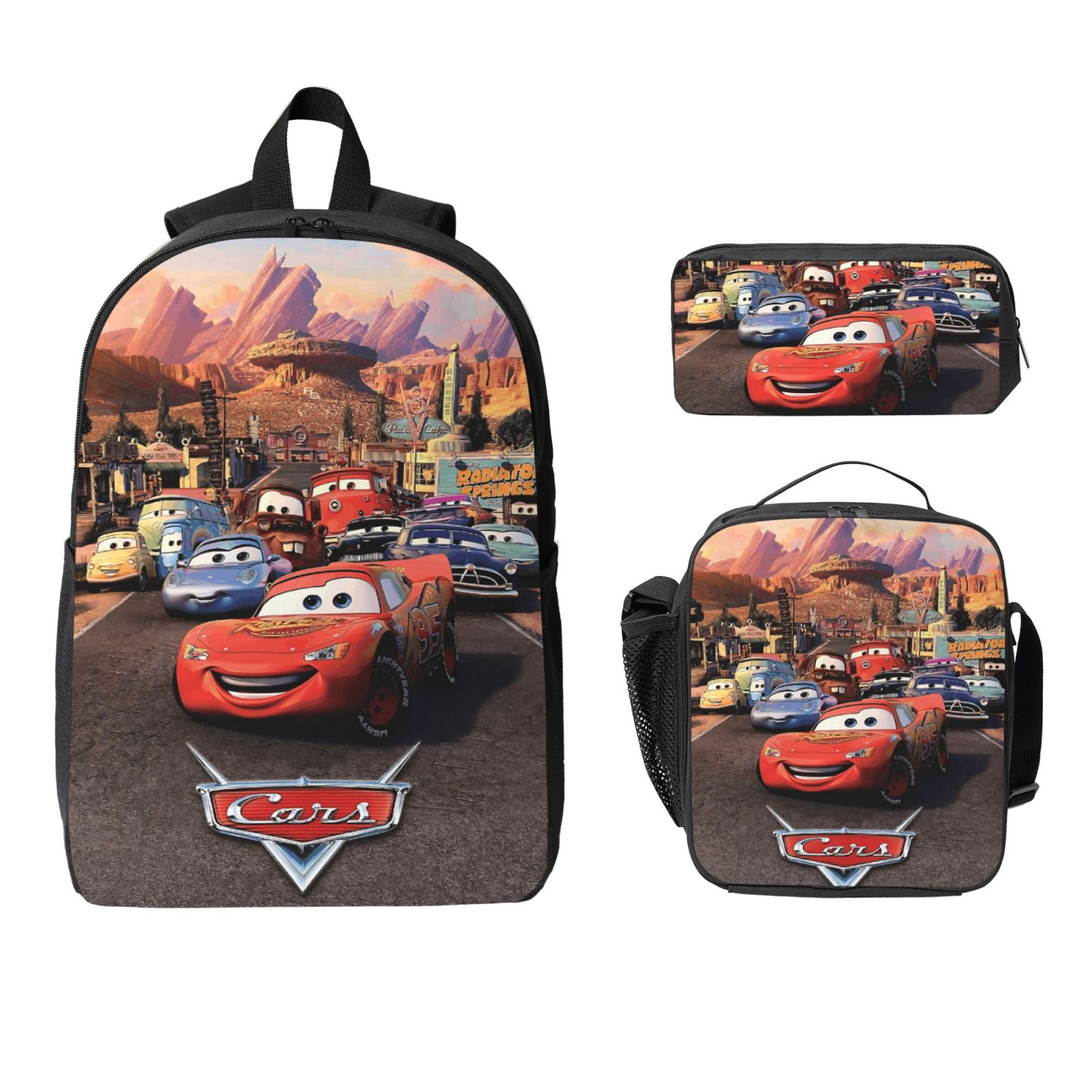 Cars Back-Pack With Lunch Box And Pencil Case 3 Pcs Large Capacity ...