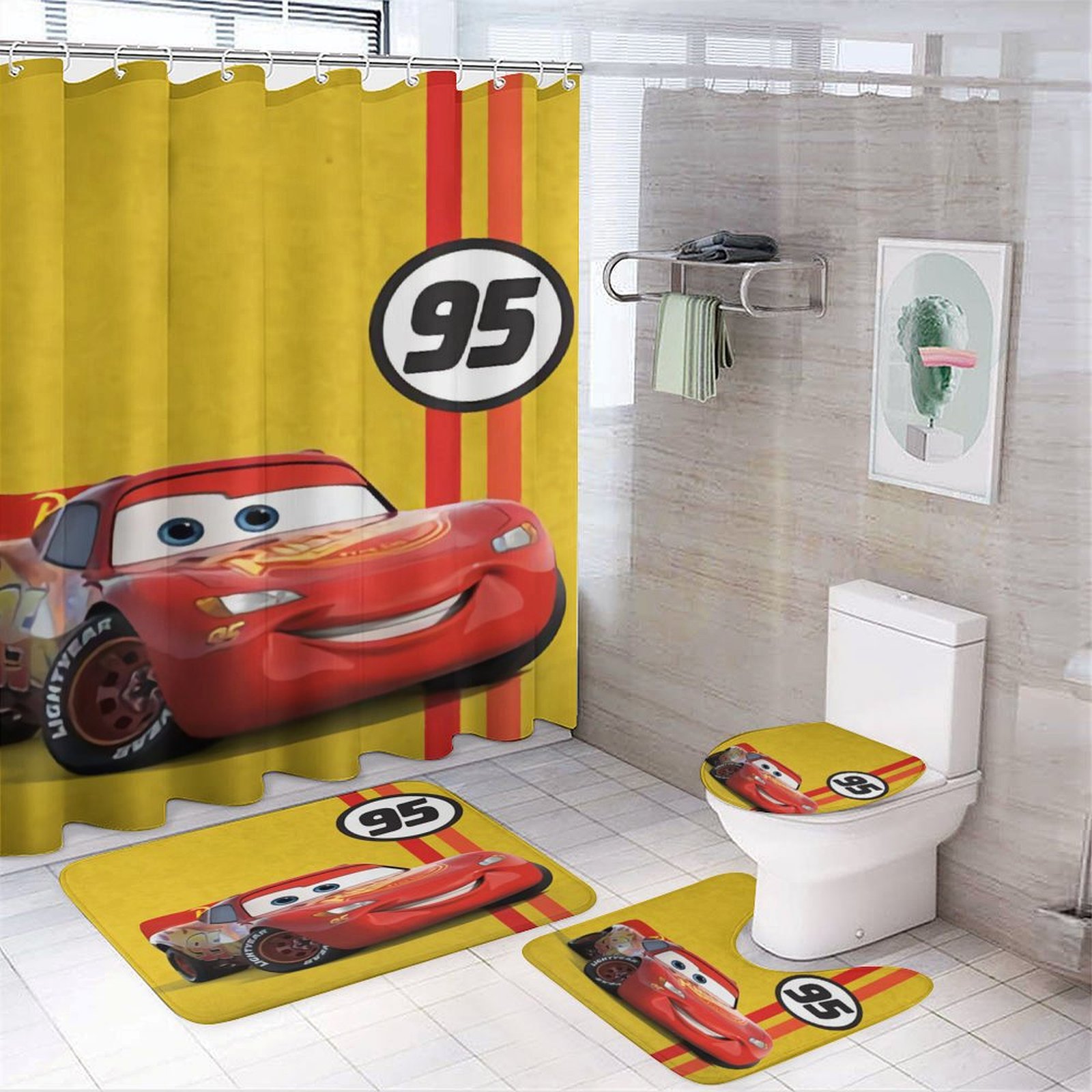 Cars Bathroom Set 4pcs with Shower Curtain with Non-Slip Rugs, Toilet ...