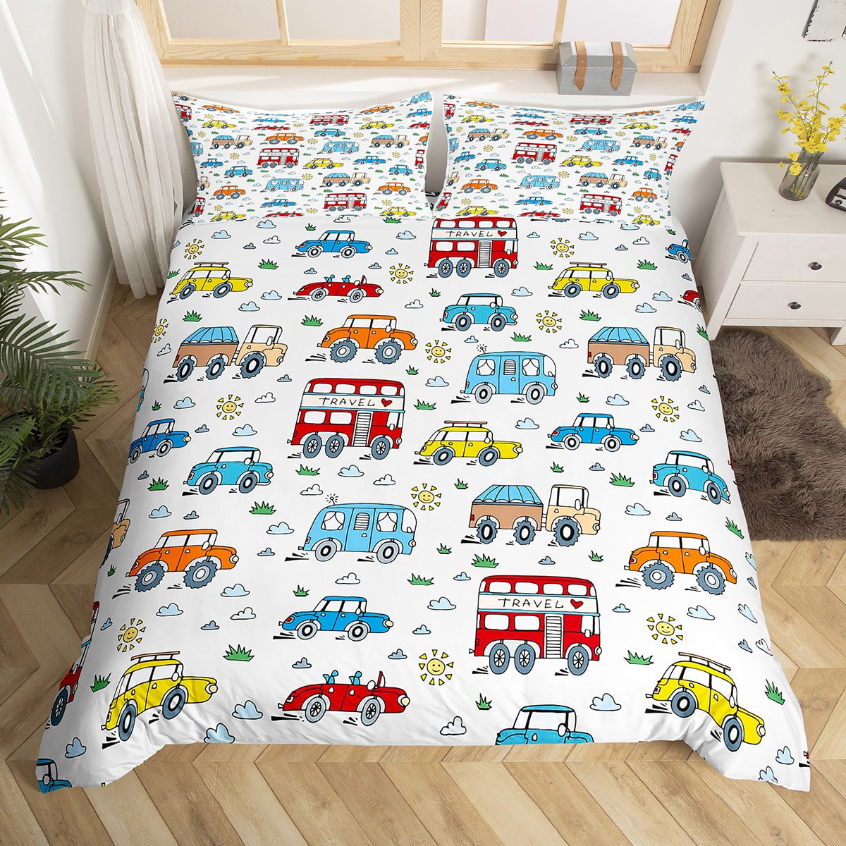 Cars Bedding Set Full for Girls Boys Child, Bus Travel Coach Duvet ...