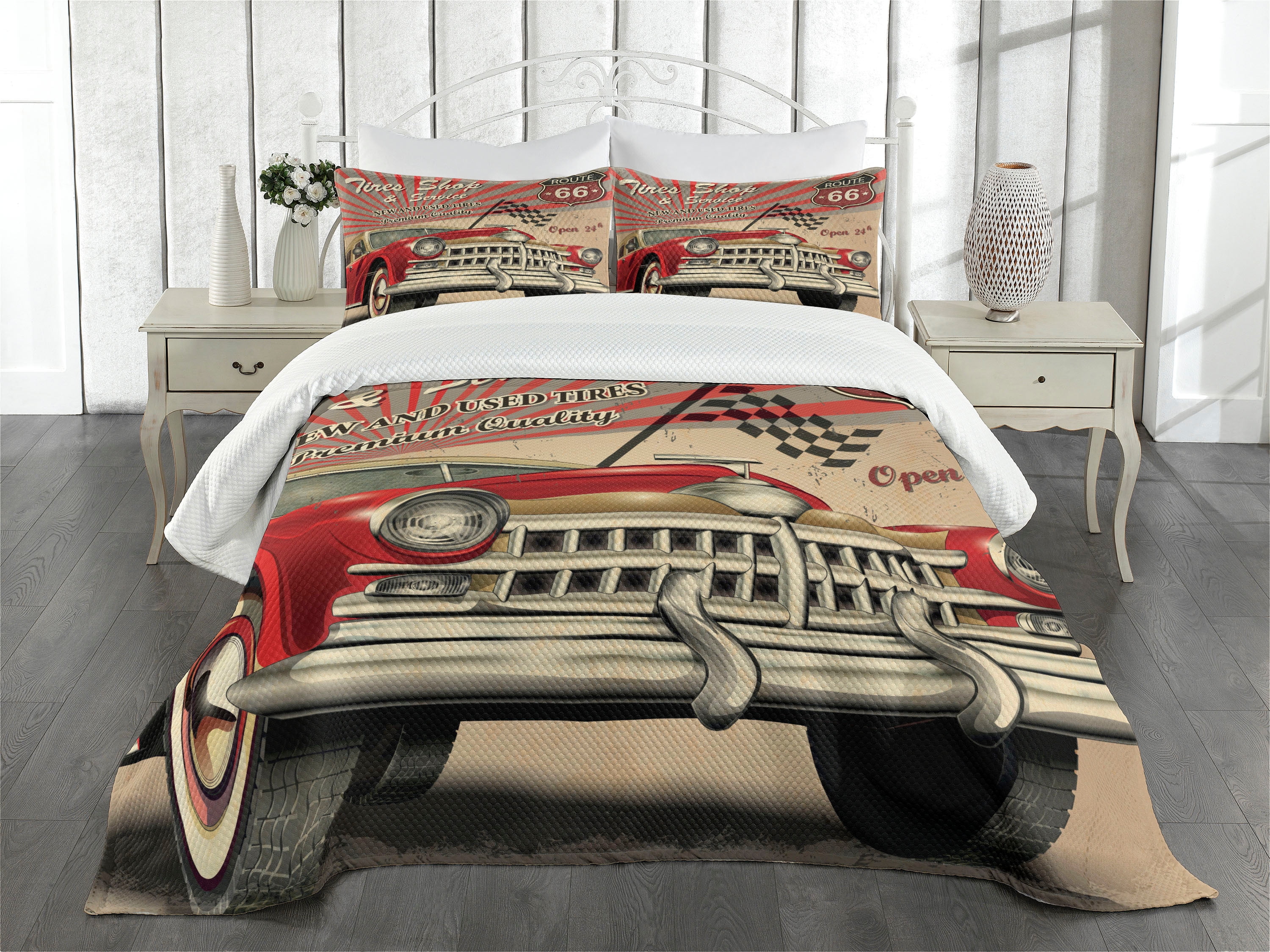 Cars Bedspread, Tires Shop and Service Route 66 Emblem Advertisement ...