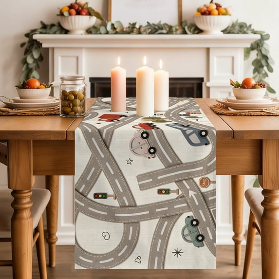 Cars Buses Table Runner, Winding Roads Buildings Trees Washable Cotton ...