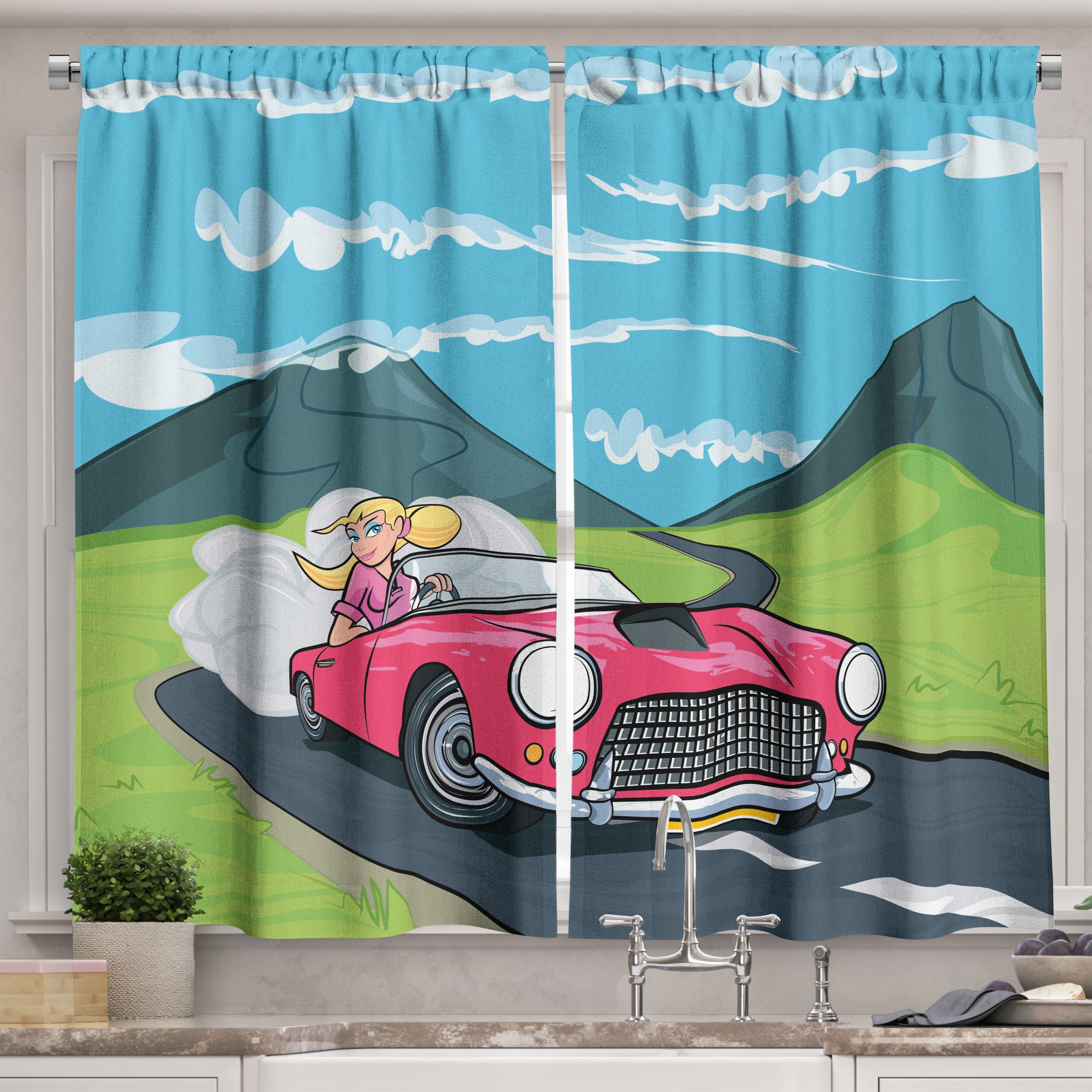 Cars Curtains 2 Panels Set, Blonde Girl Driving a Sports Car Through ...