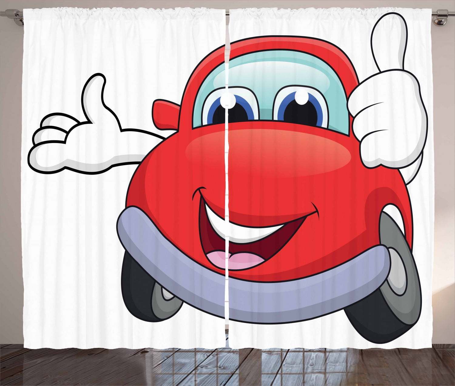 Ambesonne Cars Curtains 2 Panel Set, Cartoon Red Vehicle Happy, 108" x ...