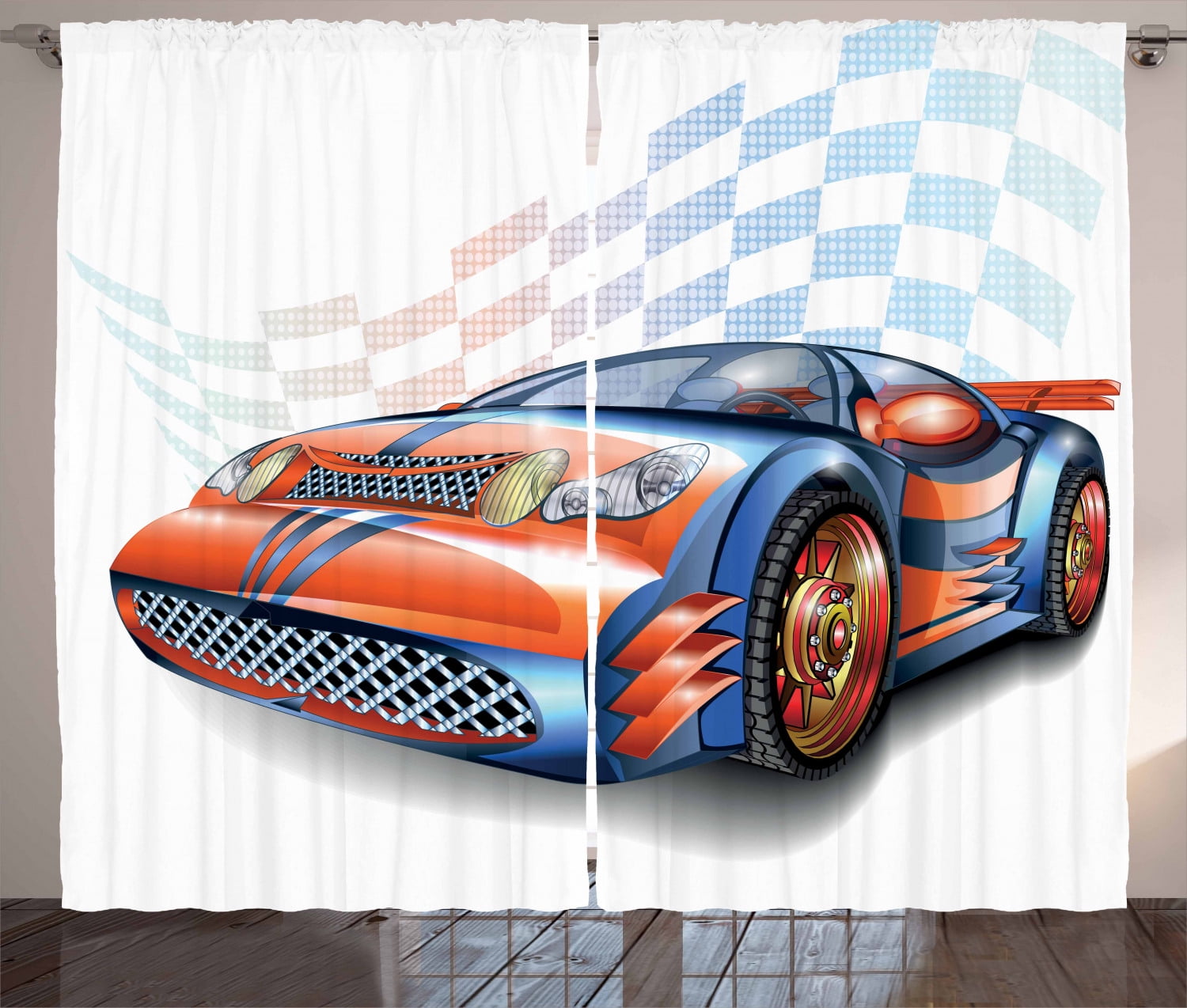 Ambesonne Cars Curtains 2 Panel Set, Cartoon Style Race Car, 108" x 96 ...