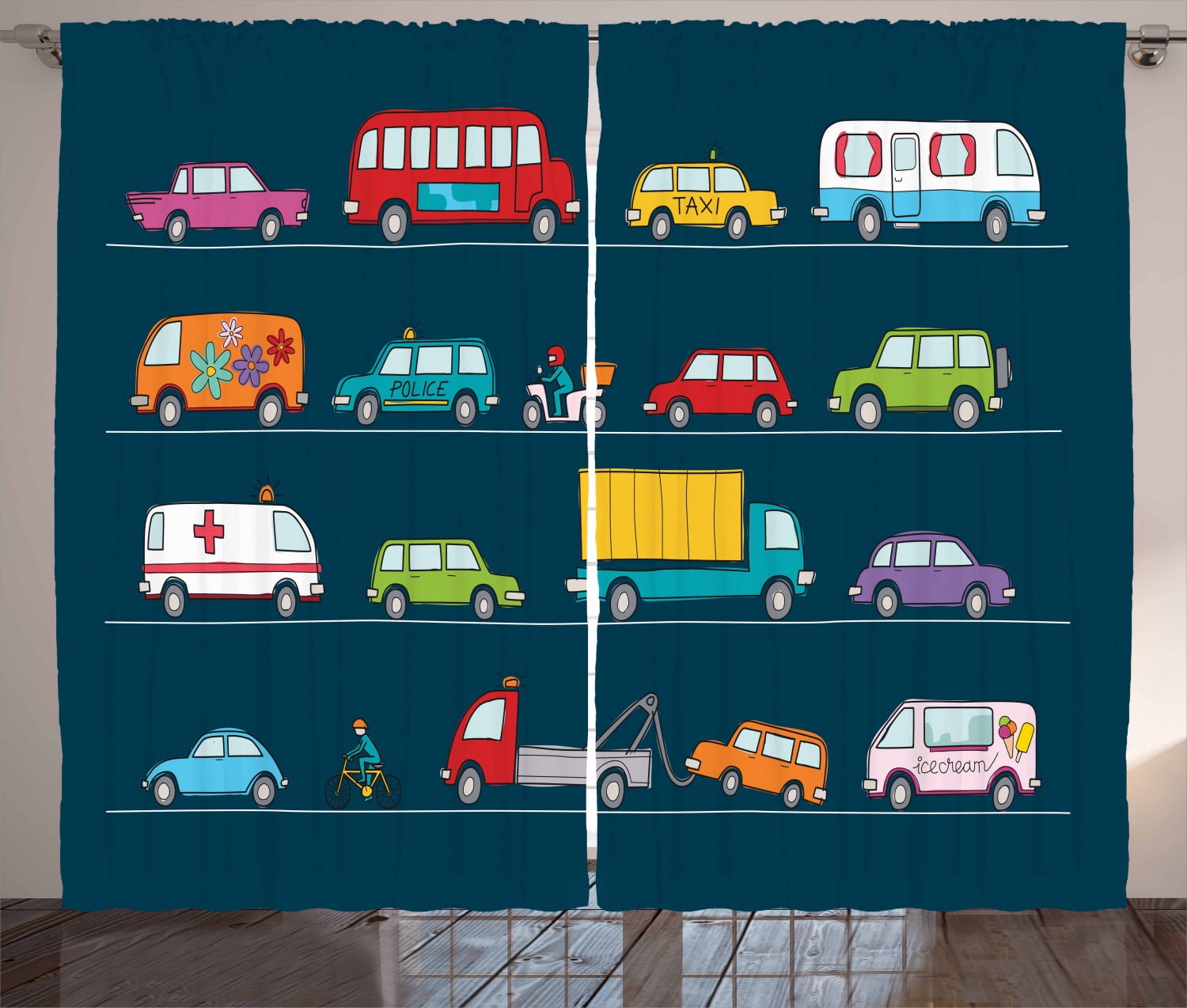Cars Curtains 2 Panels Set, Hand Drawn Various Types Vehicles Trucks ...