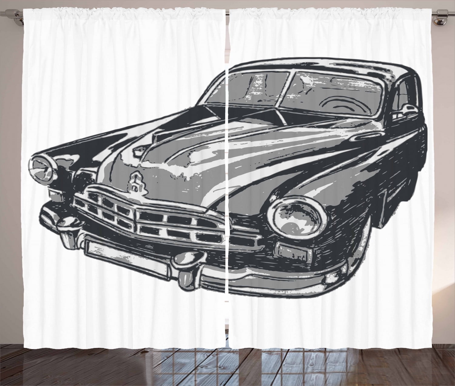Ambesonne Cars Curtains 2 Panel Set, Retro Car Detailed Hood, 108" x 63 ...