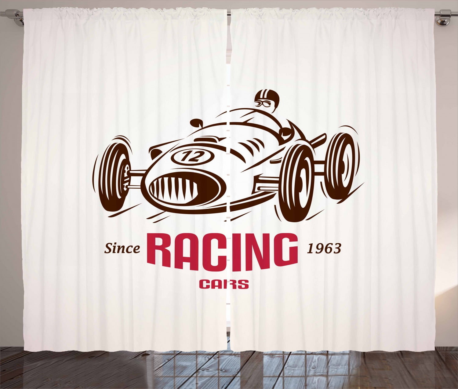 Ambesonne Cars Curtains 2 Panel Set, Retro Race Car Emblem, 108" x 90 ...