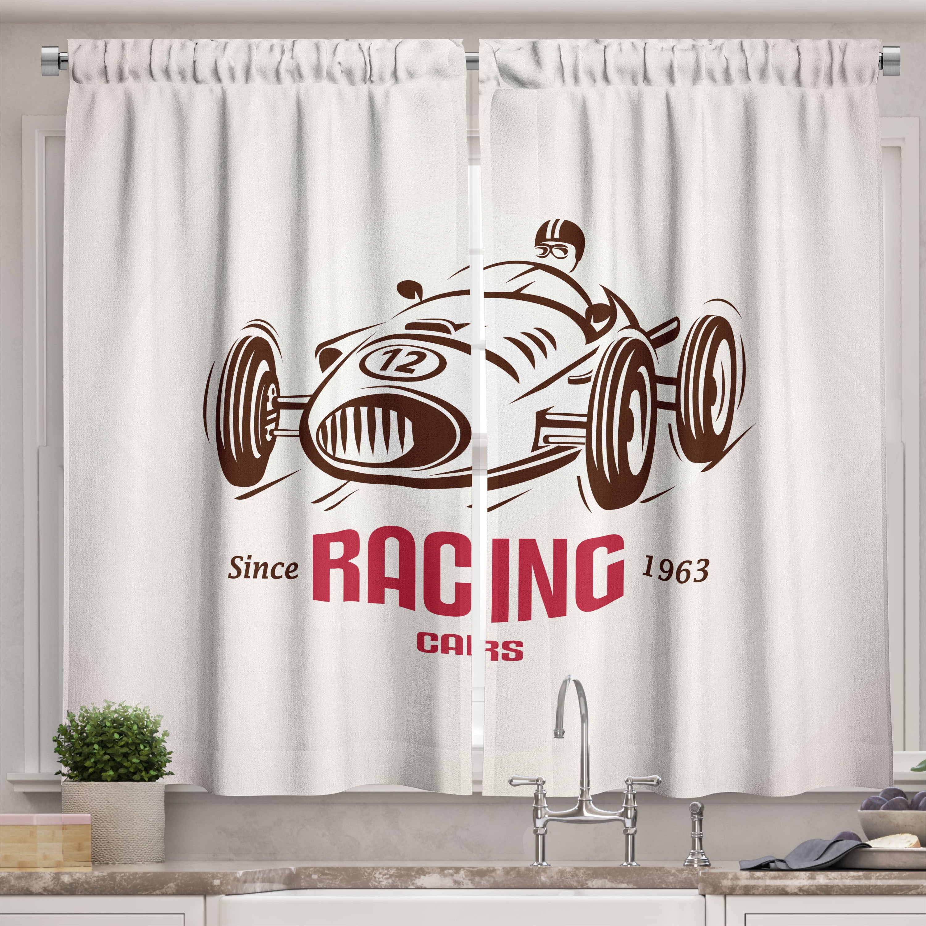 Cars Curtains 2 Panels Set, Retro Style Race Car Emblem Formula ...