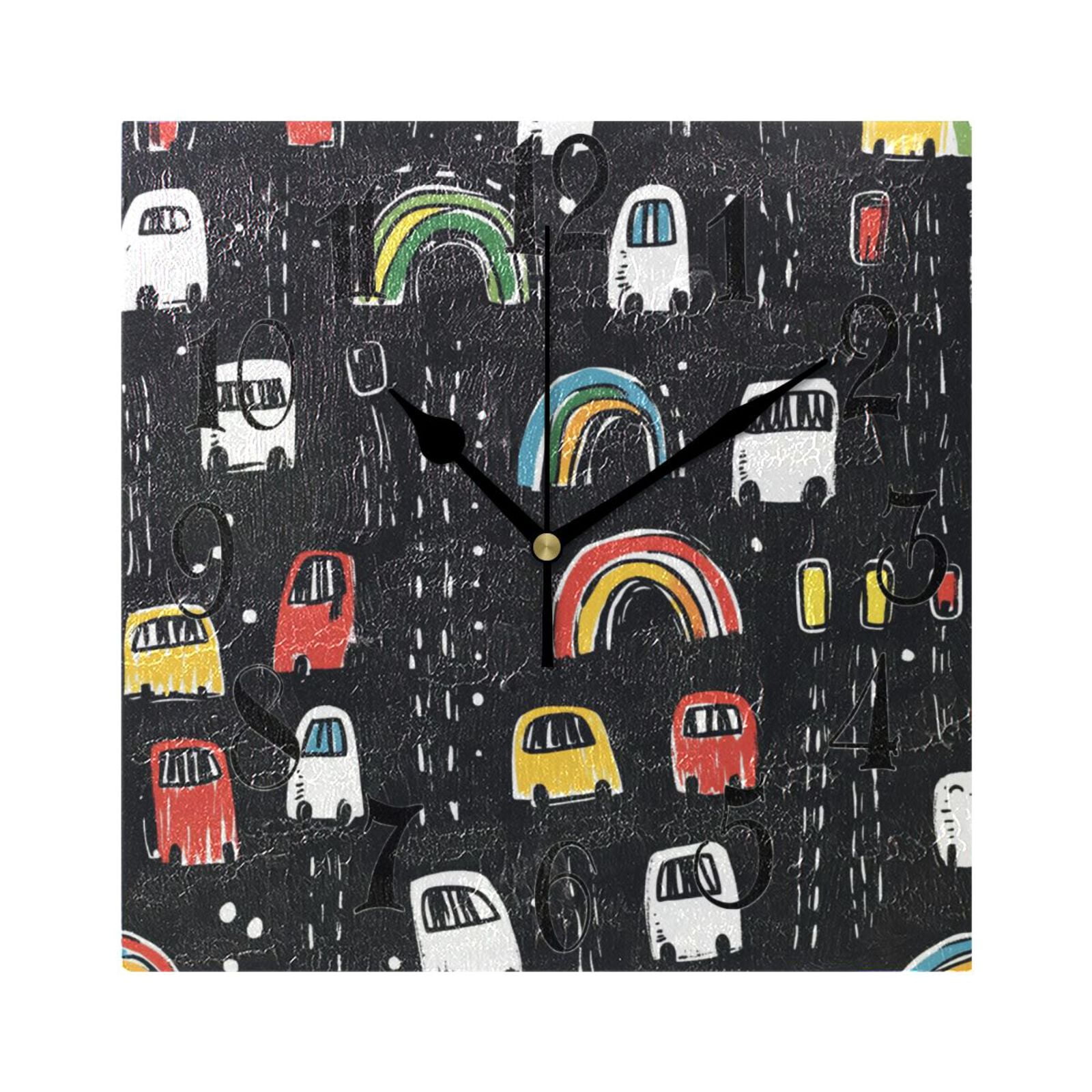Cars Doodle Wall Clock Decorative Square Silent Non-Ticking Operated ...