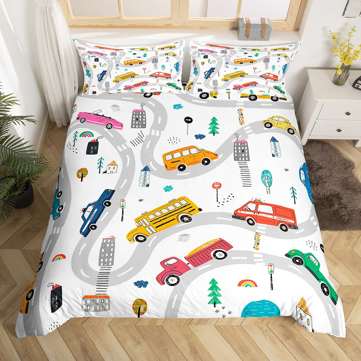 Cars Duvet Cover Queen, City Road Bedding Set, Hand Drawn Cartoon Truck ...
