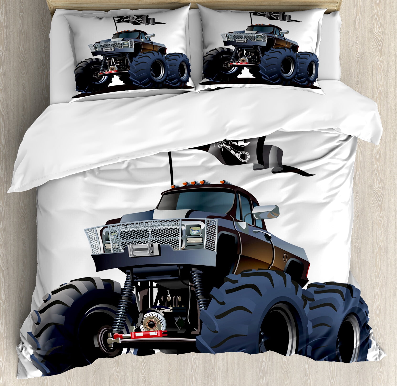Cars Duvet Cover Set, Popular Large Suspension Monster Truck Dead Skull Pirate Flag Off to Road ...