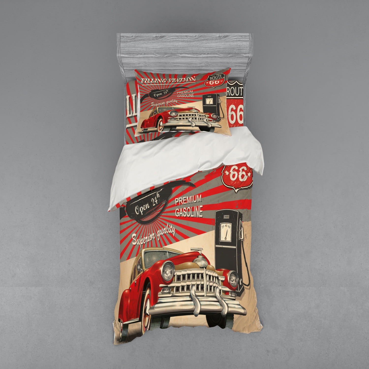 Cars Duvet Cover Set, Poster Style Image Gasoline Station Commercial ...