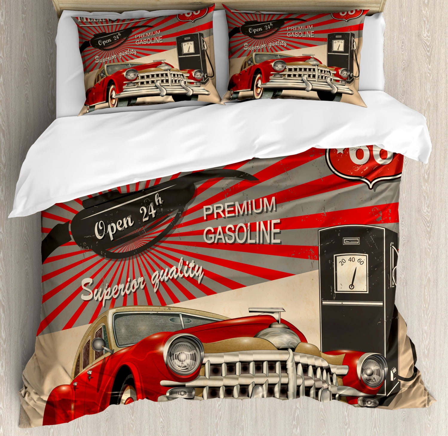 Cars Duvet Cover Set, Poster Style Image Gasoline Station Commercial ...