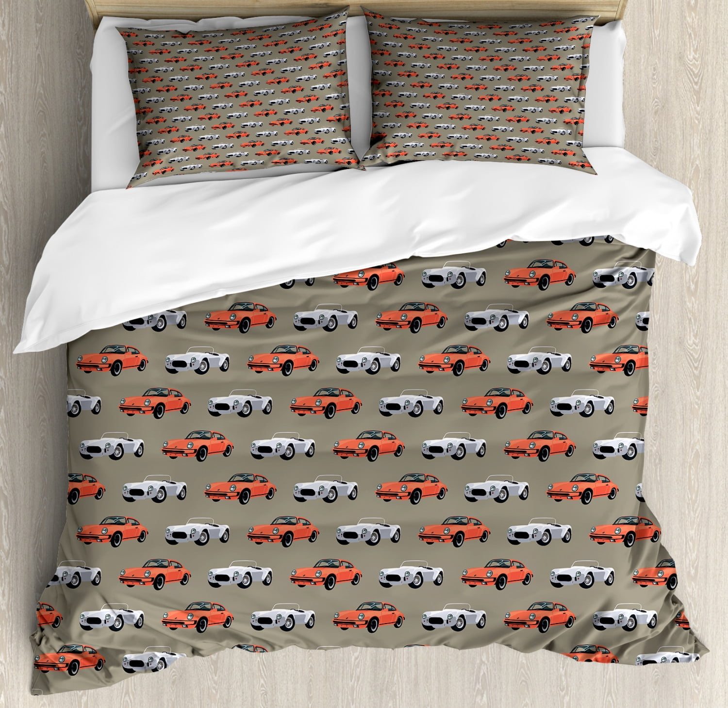 Cars Duvet Cover Set Queen Size, Retro Fast Sports Cars in White and ...