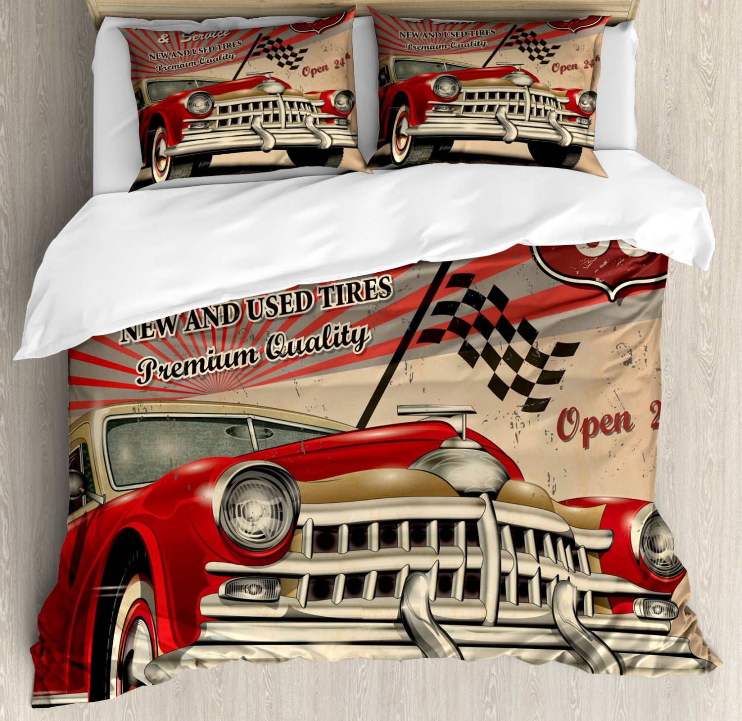 Cars Duvet Cover Set Queen Size, Tires Shop and Service Route 66 Emblem ...