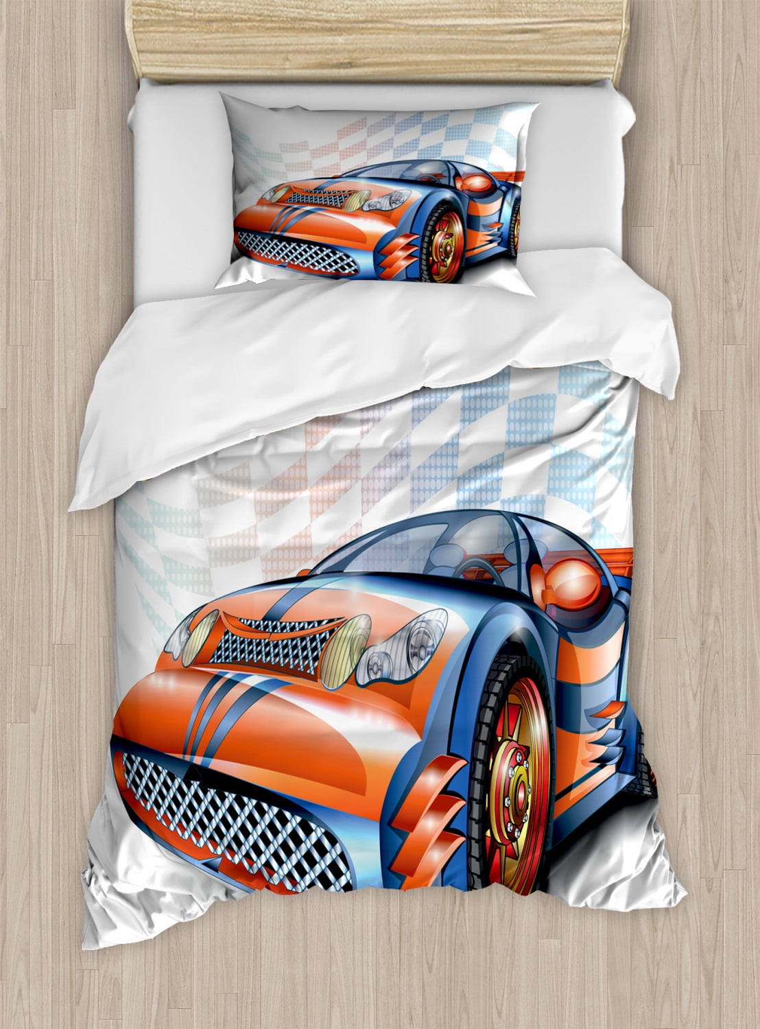 Cars Duvet Cover Set Twin Size, Cartoon Style Speeding Racing Car Event ...