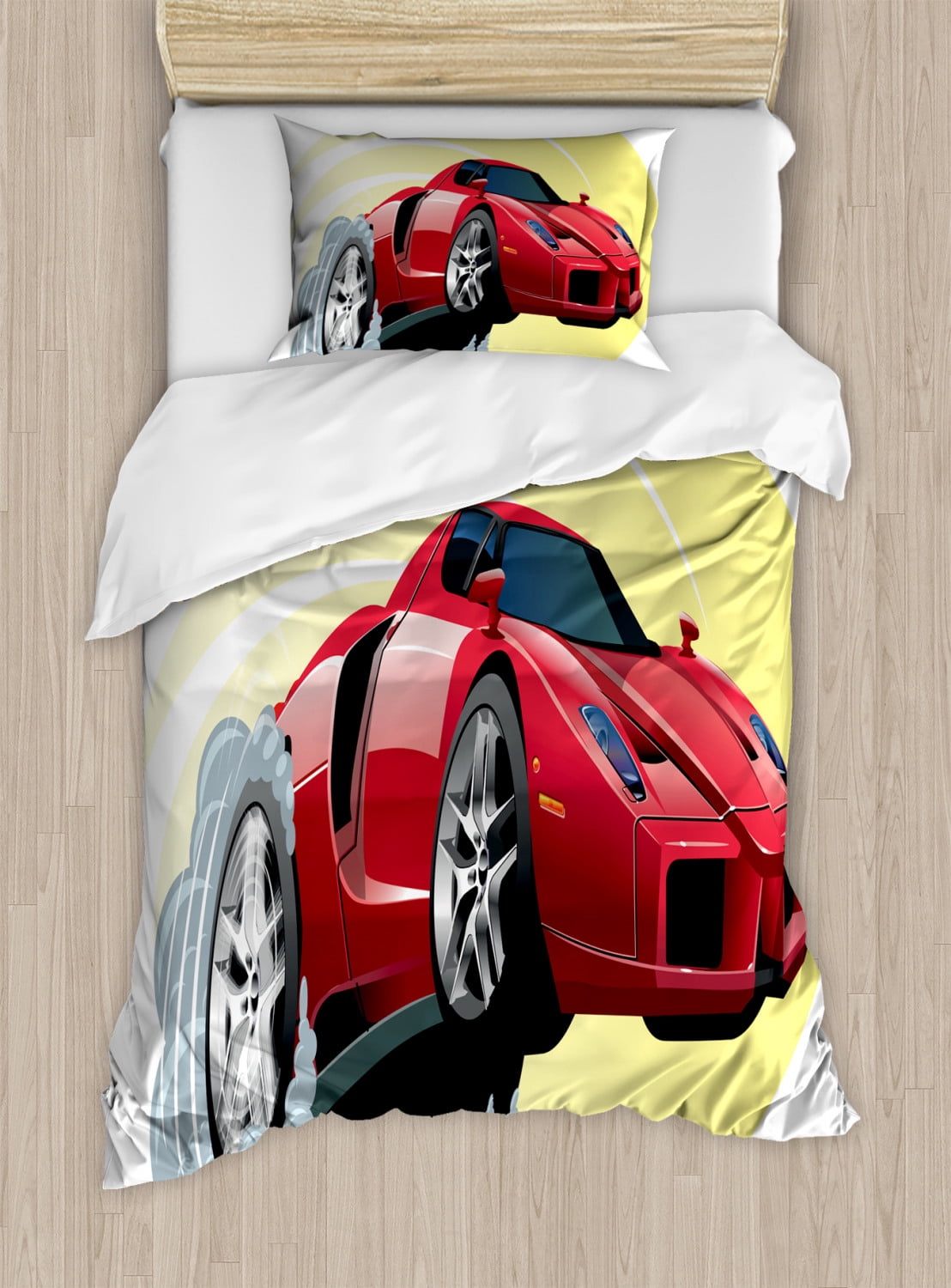 Cars Duvet Cover Set Twin Size, Powerful Cartoon Red Car Speeding ...