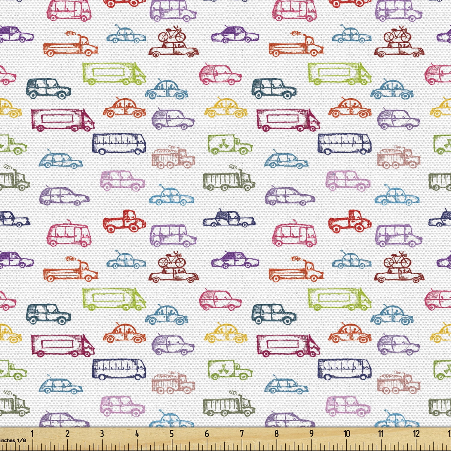 Ambesonne Cars Fabric by the Yard Upholstery, Colorful Funny Bus and ...