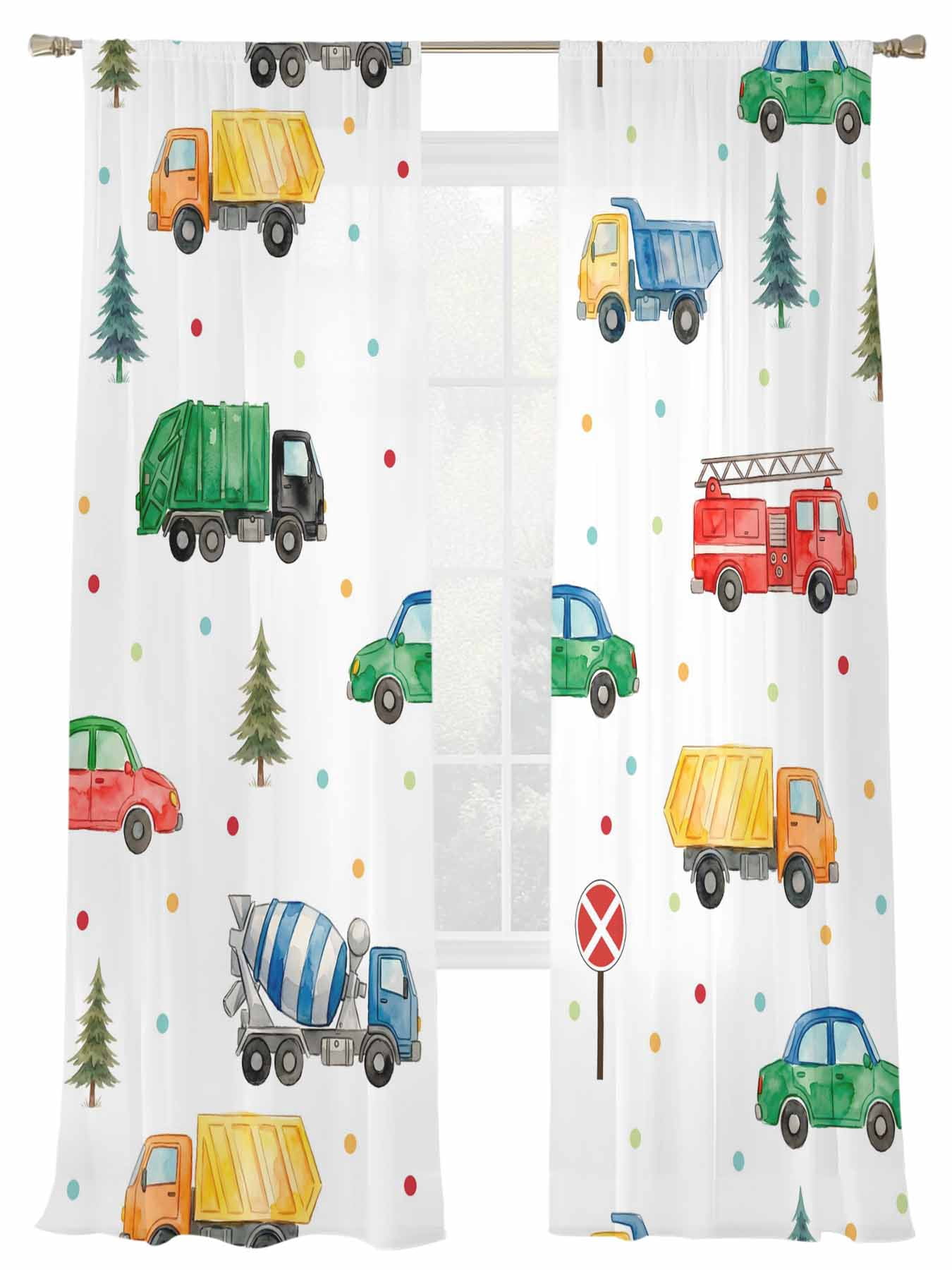 Cars Fire Trucks Sheer Curtains 2 Panels Set Mixers Warning Cards Tree ...