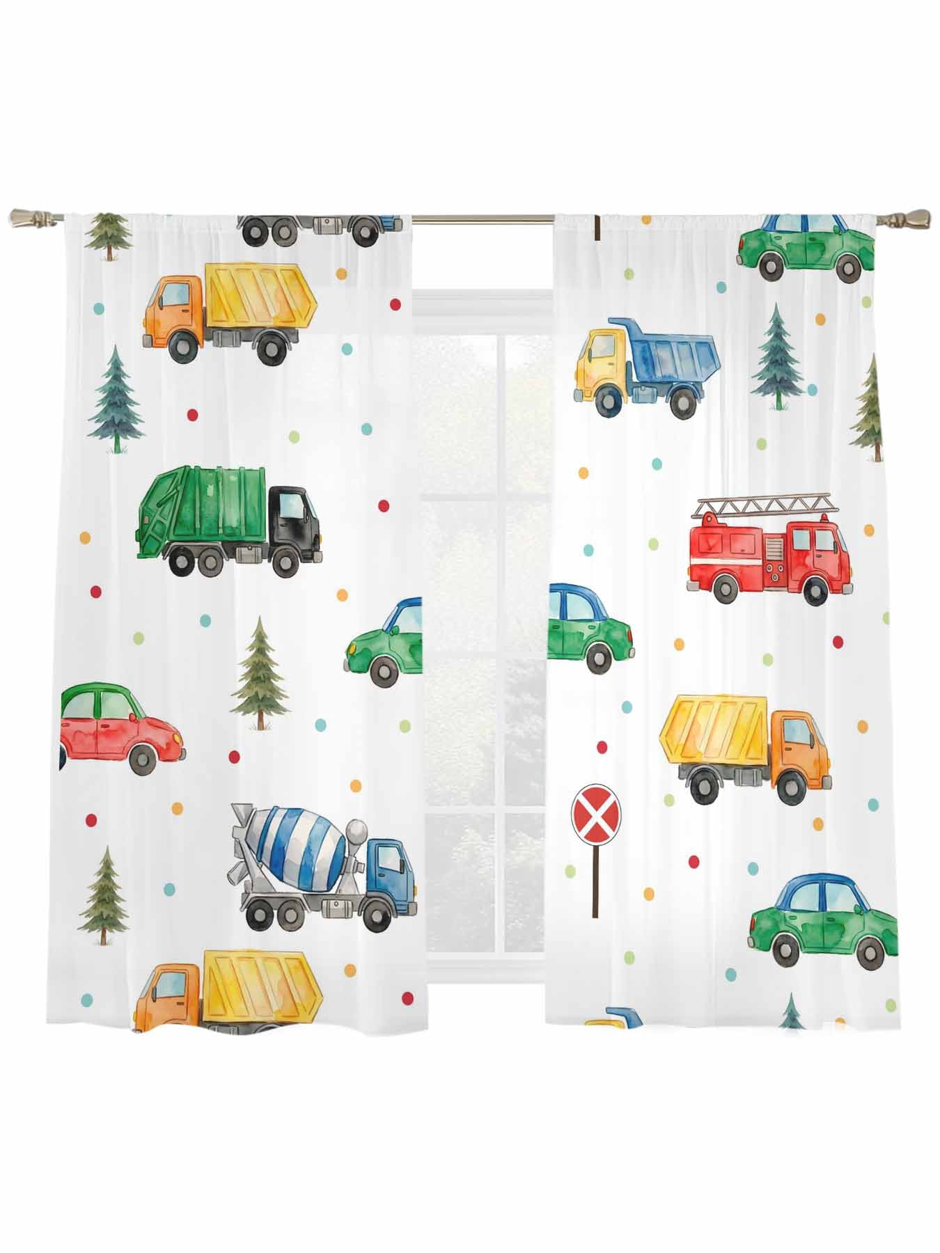 Cars Fire Trucks Sheer Curtains 2 Panels Set Mixers Warning Cards Tree ...