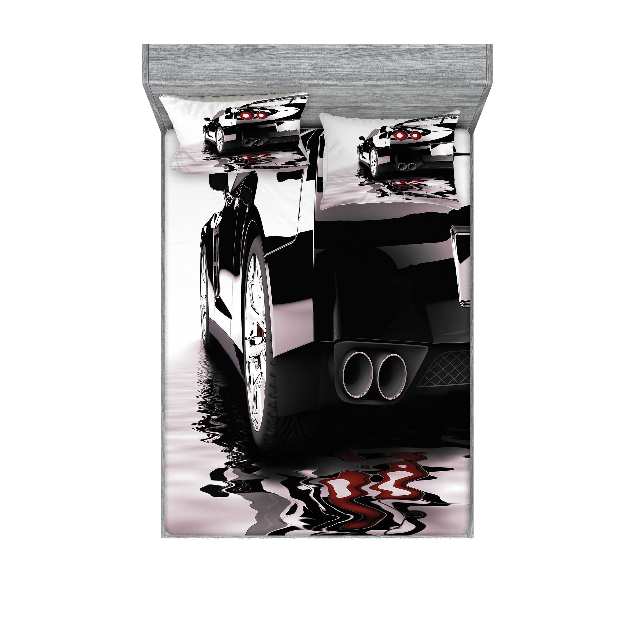 Cars Fitted Sheet & Pillow Sham Set, Modern Dark Car Water Reflection ...