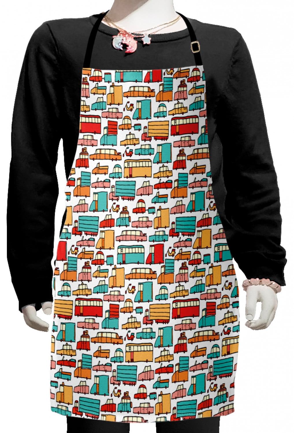 Cars Kids Apron, Children Drawing of Many Vehicles Motorbikes Caravans ...