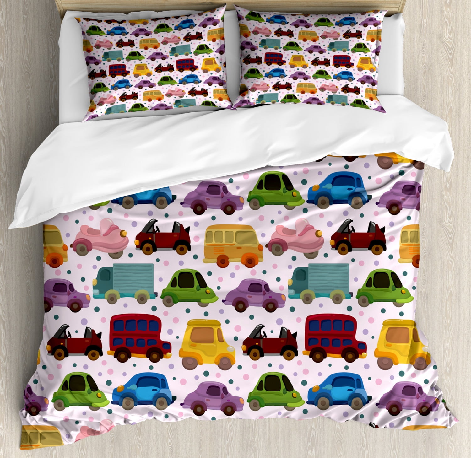 Cars King Size Duvet Cover Set, Cute Cartoon Style Vehicles Double ...