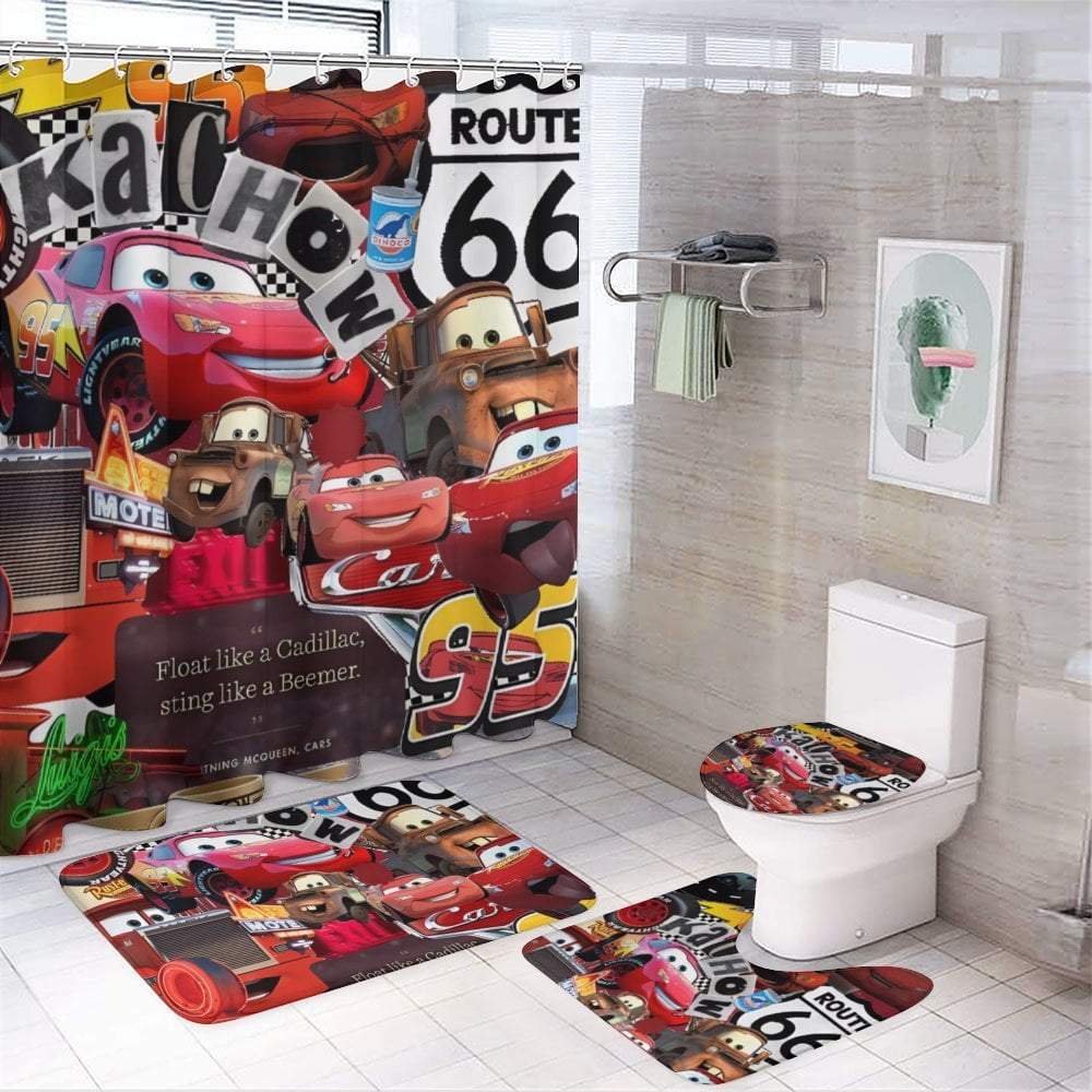 Cars Lightning McQueen 4Pcs Family Shower Curtain Sets with Non-Slip ...
