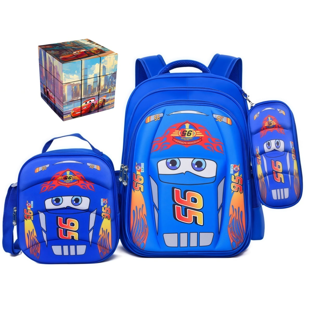 Cars Lightning McQueen Backpack – 3D Cartoon School Bag Set with Lunch ...