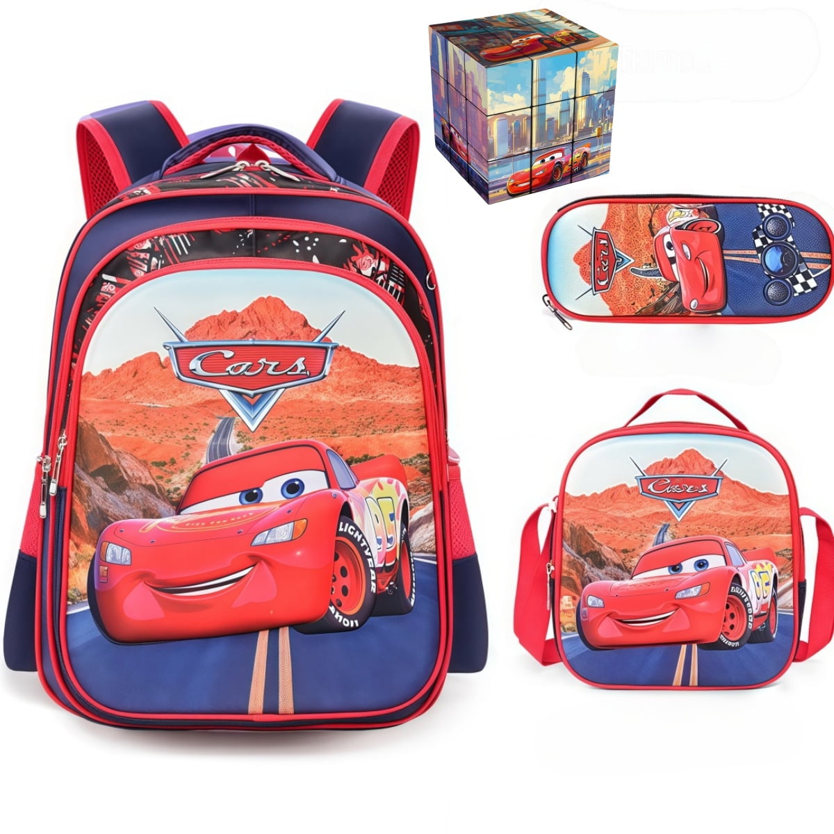 Cars Lightning McQueen Backpack – 3D Cartoon School Bag Set with Lunch ...