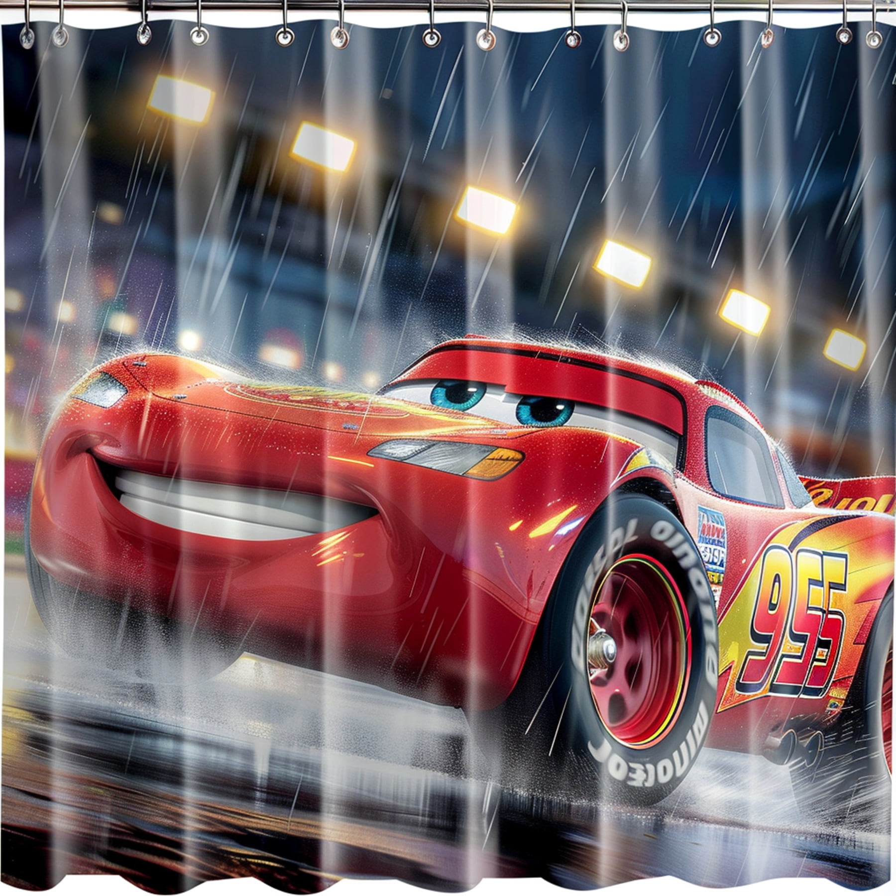 Cars Lightning McQueen Red Race Car Shower Curtain Rainy Racetrack ...