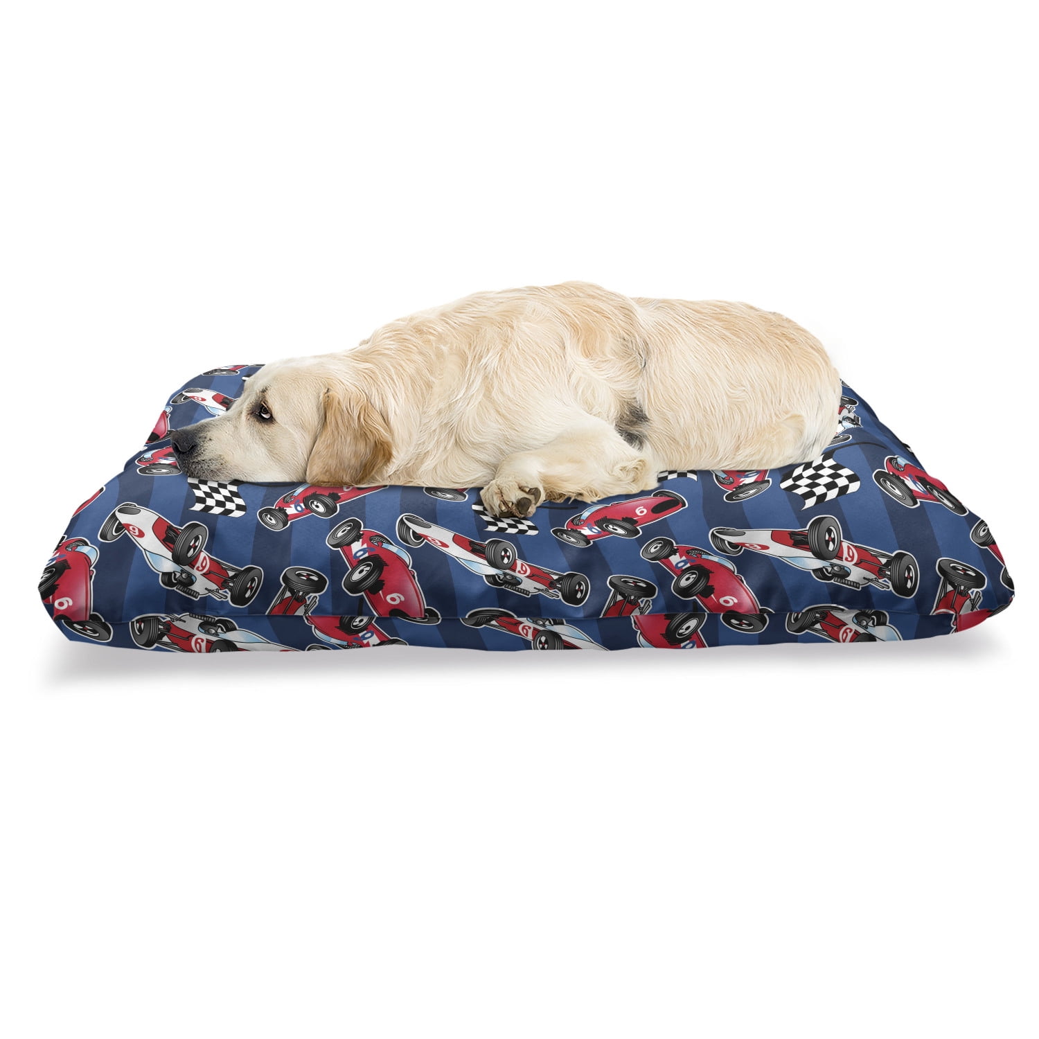 Cars Pet Bed, Vintage Racing Cars on Blue Stripes with Checkered Flags ...