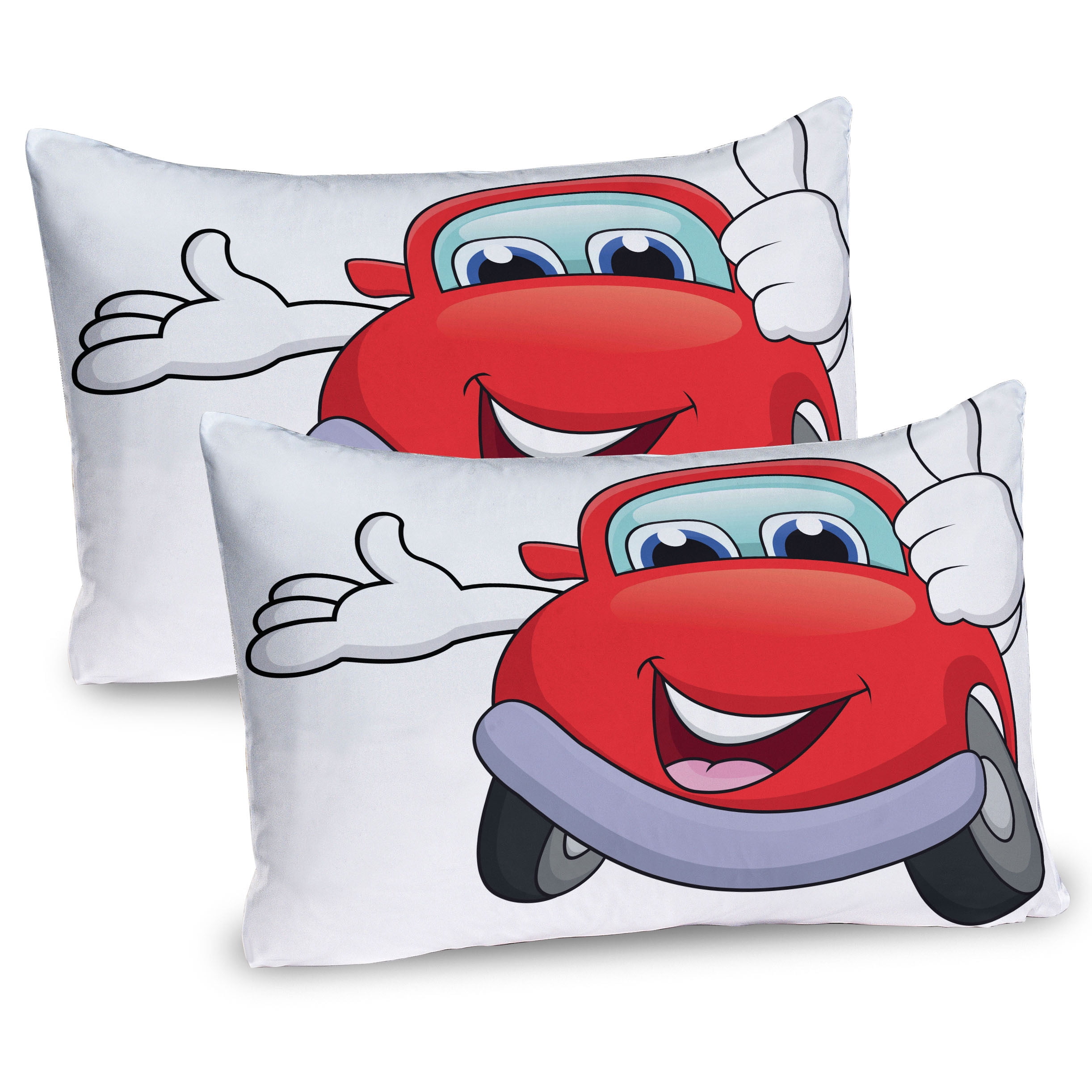 Cars Pillow Sham Set of 2, Cartoon Red Car with Eyes Mouth and Hands ...