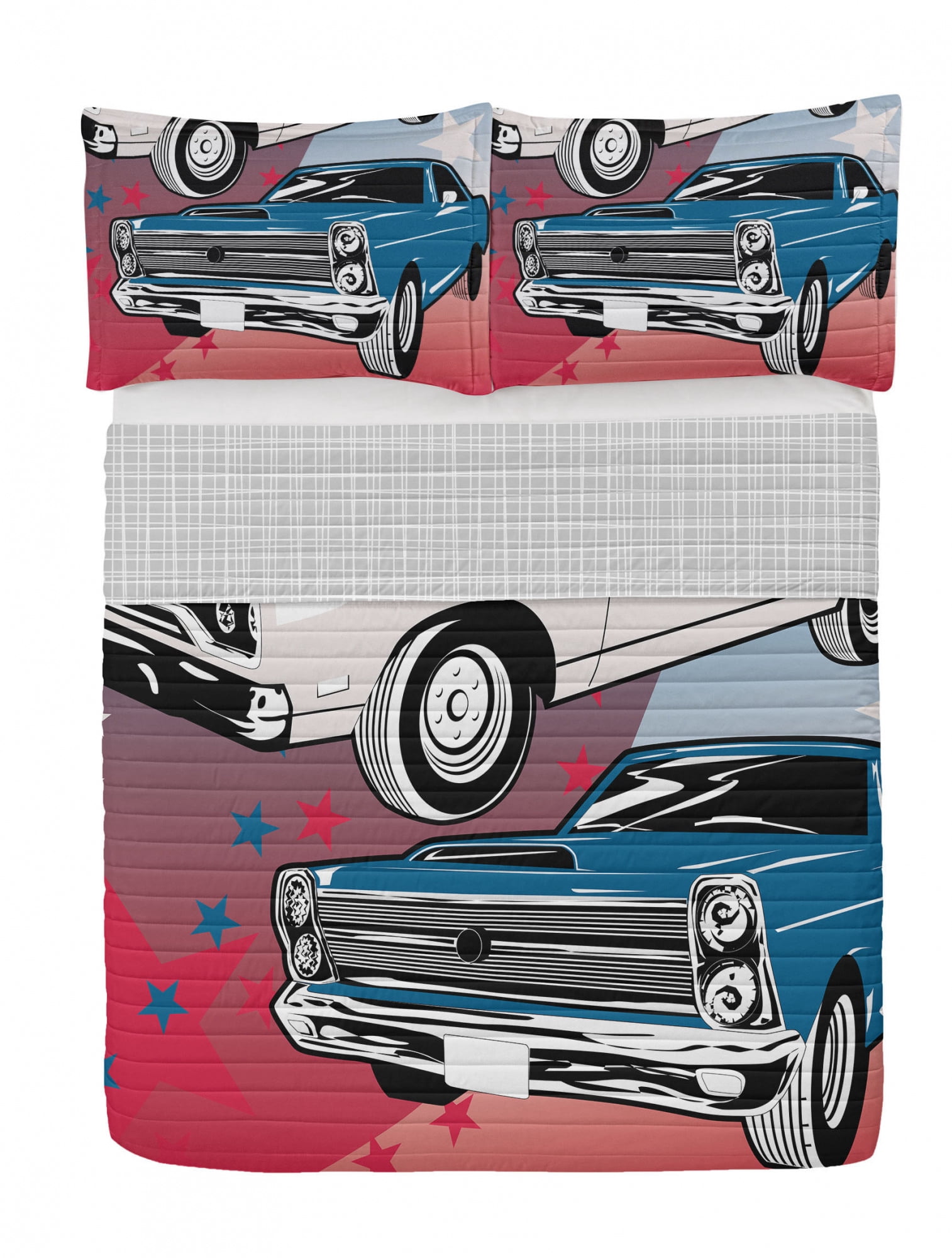 Cars Reversible Bedspread Set, Pop Art Group of Nostalgic American ...