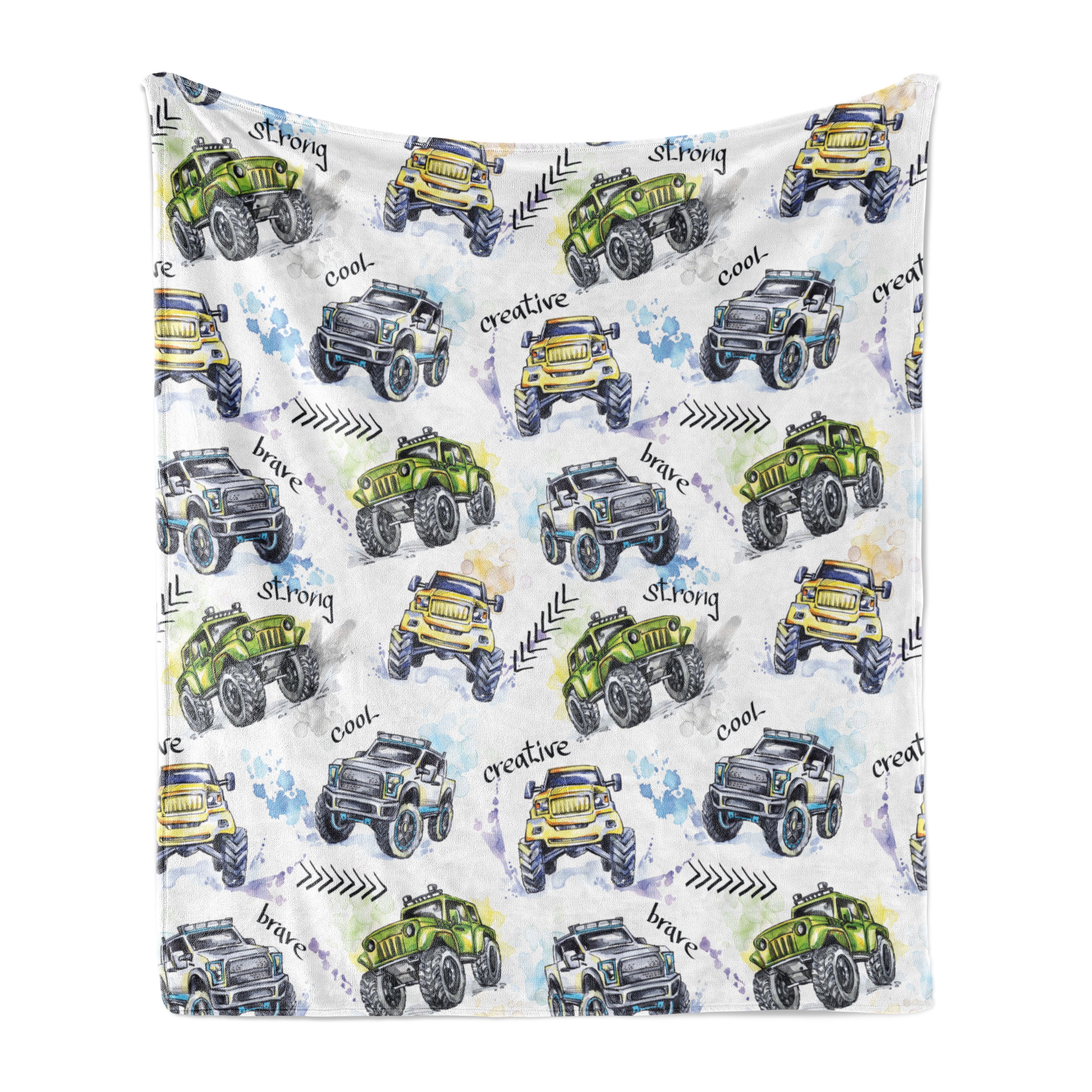 Cars Soft Flannel Fleece Throw Blanket, Hand Drawn Watercolored Monster Trucks Enormous Wheels ...