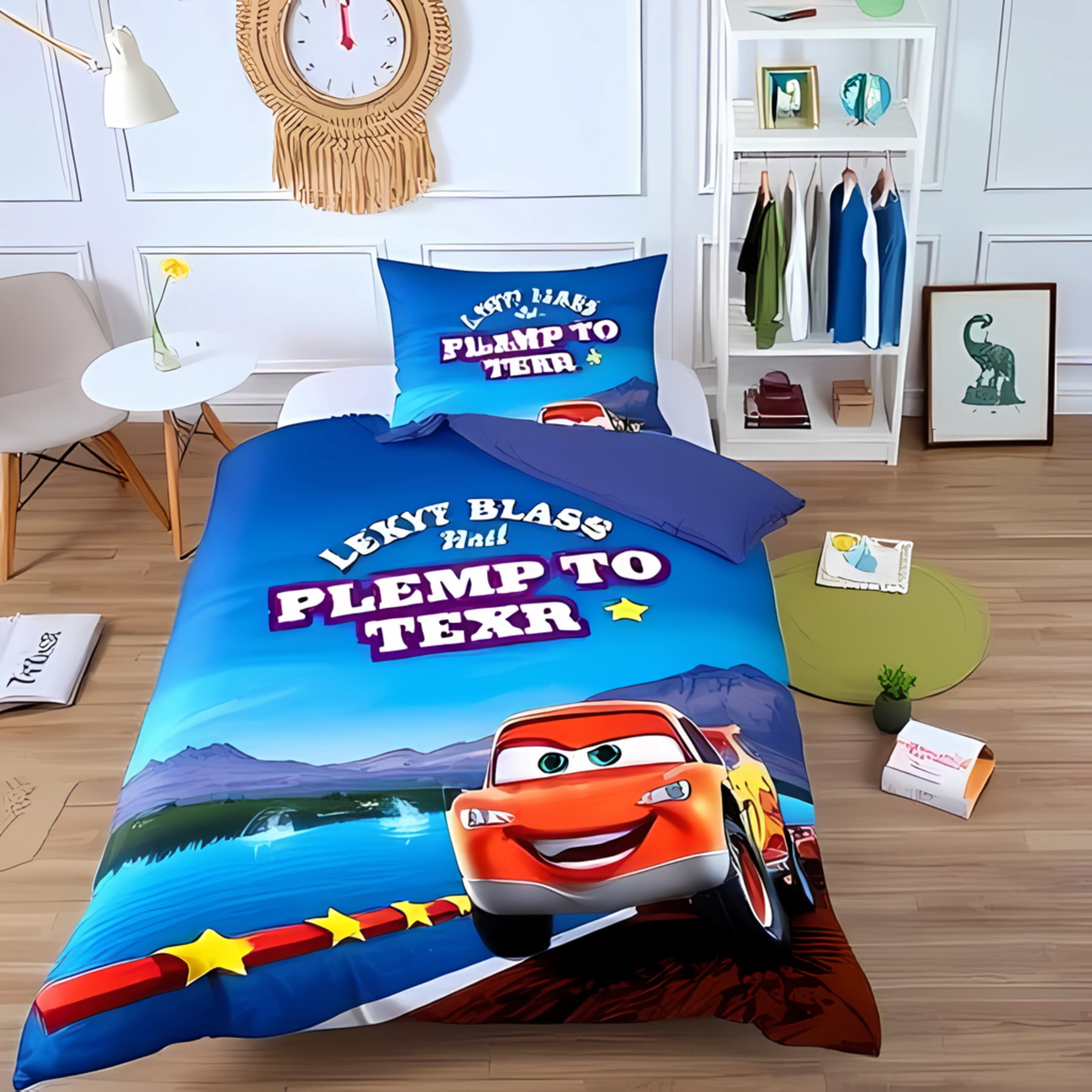 Cars Themed Bedding Set Blue & Orange Comforter with Fun Phrases for ...