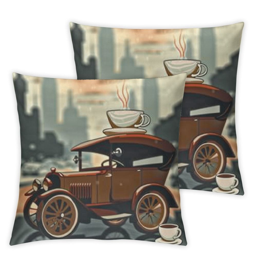 Cars Throw Pillow Cushion Case Pack of 4, Old Fashioned Car with Coffee ...