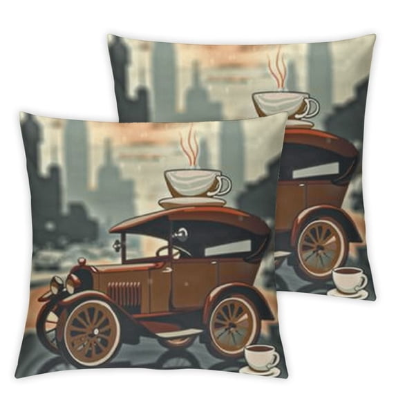 Cars Throw Pillow Cushion Case Pack of 4, Old Fashioned Car with Coffee ...