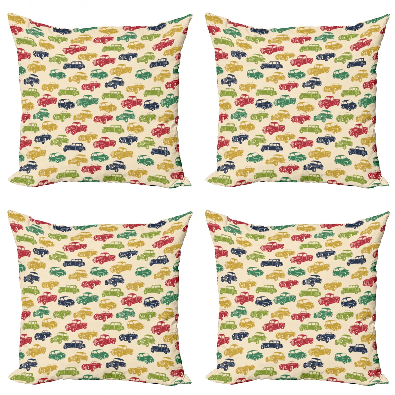 Ambesonne Cars Throw Pillow Cover 4 Pack, Curved Edged Vehicle Drawn ...