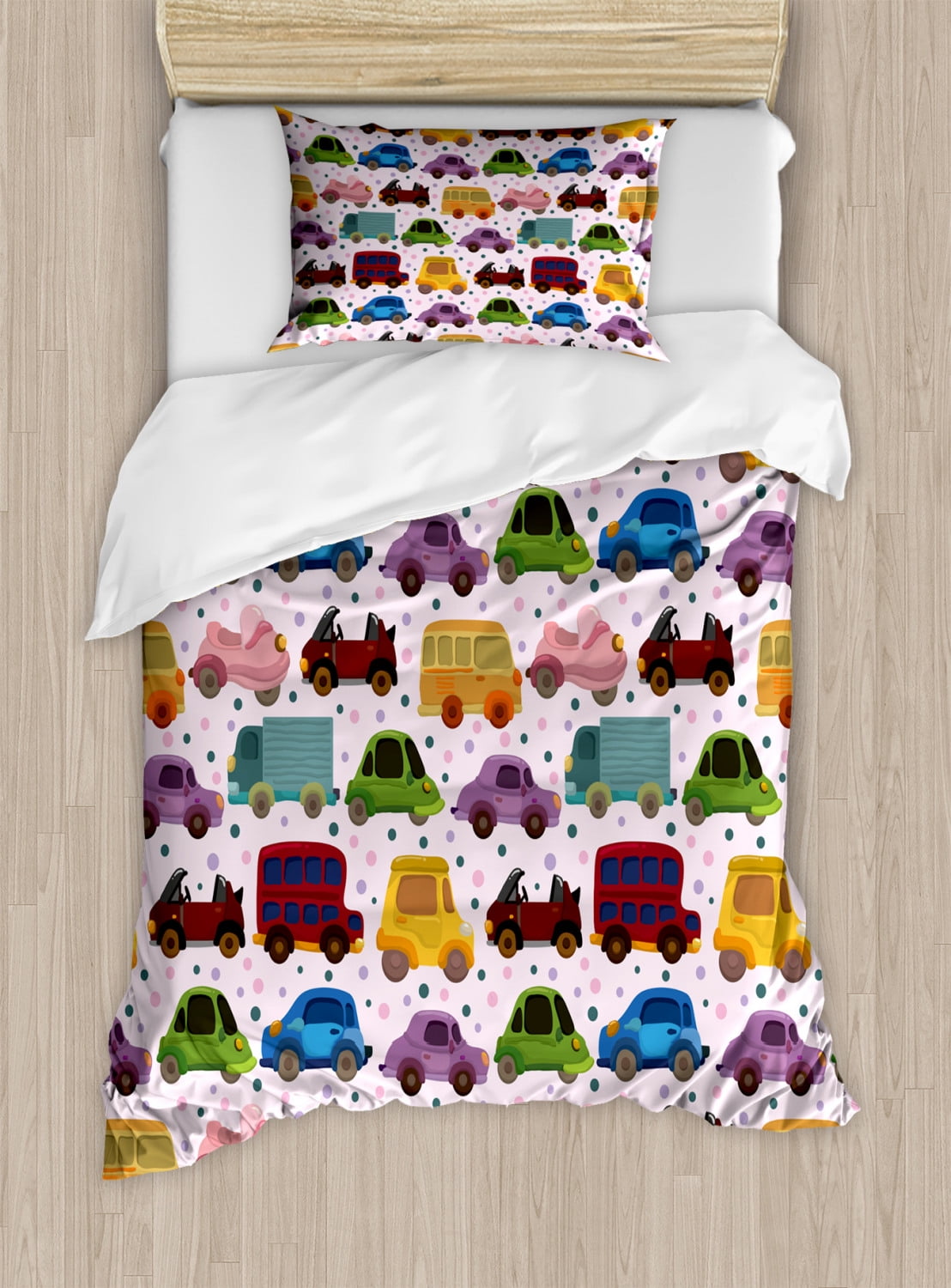 Cars Twin Size Duvet Cover Set, Cute Cartoon Style Vehicles Double ...