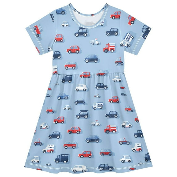 Cars and Trucks Short Sleeve Dress A-Line Cute Midi Casual Sundress 2-8 ...