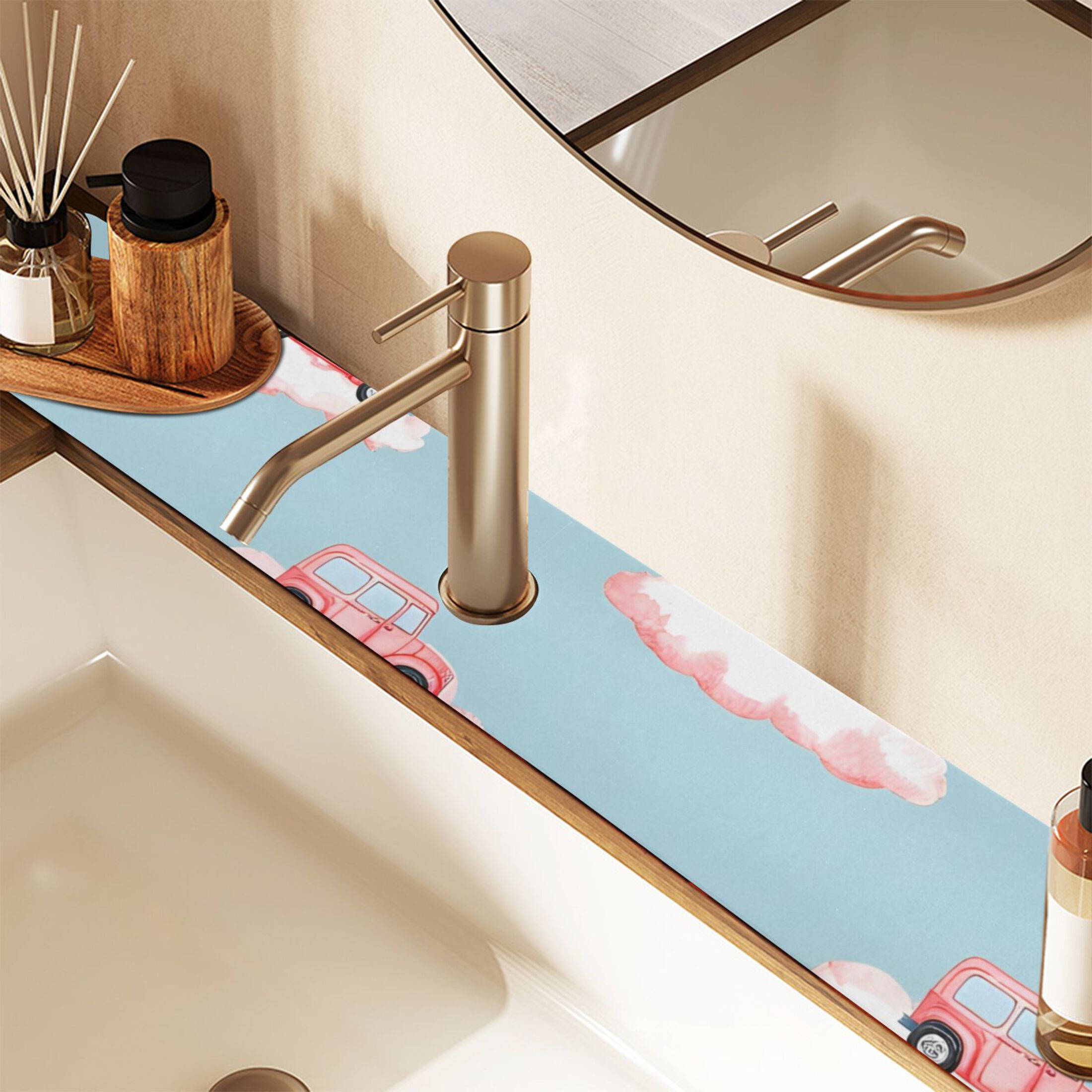 Cars on Cloud Sink Splash Guard Faucet Drying Mat 30"x5.4" Absorbent Pad Faucet Drip Catcher for ...